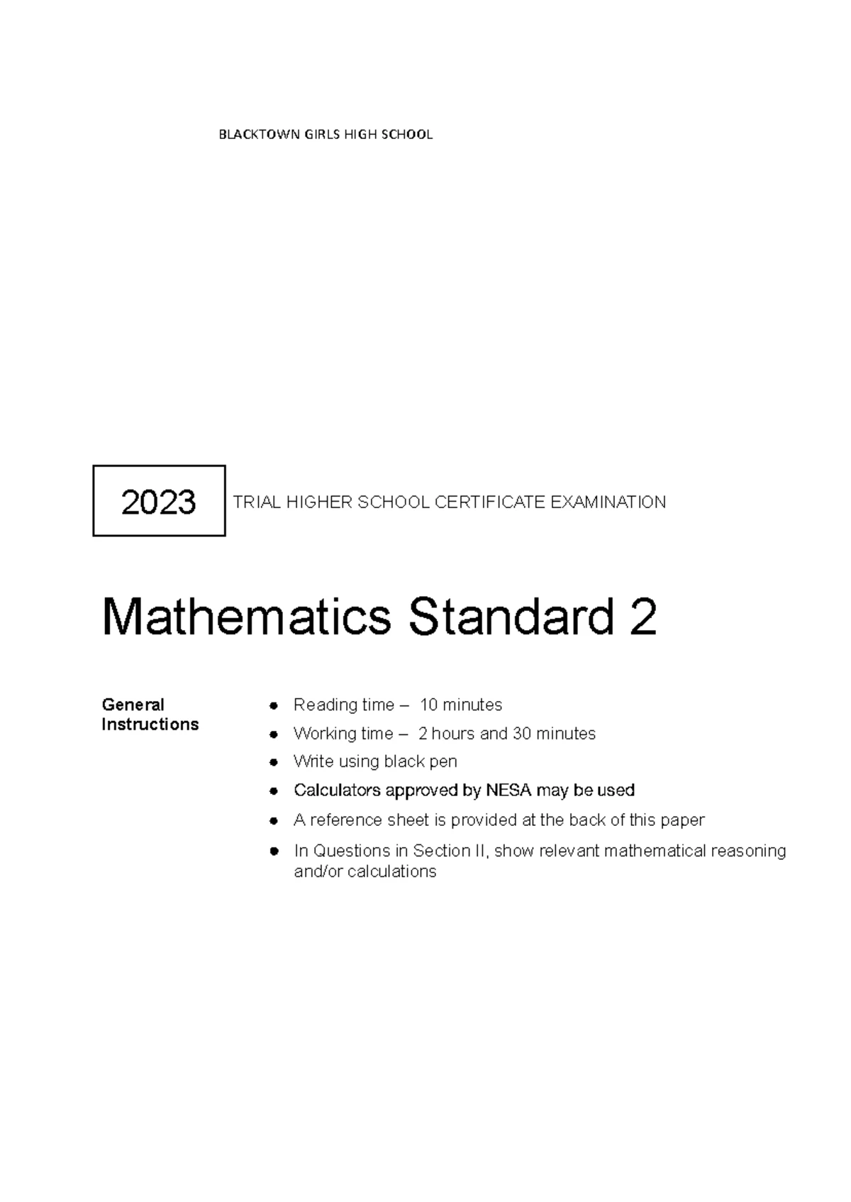 2024 CSSA HSC Trial Mathematics Standard 2 Exam Paper - Studocu