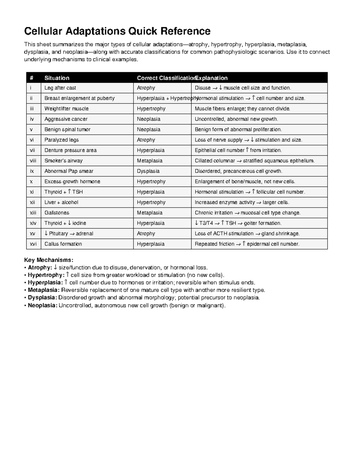 Cellular Adaptations (Pathophysiology) Quick Reference Guide - Studocu