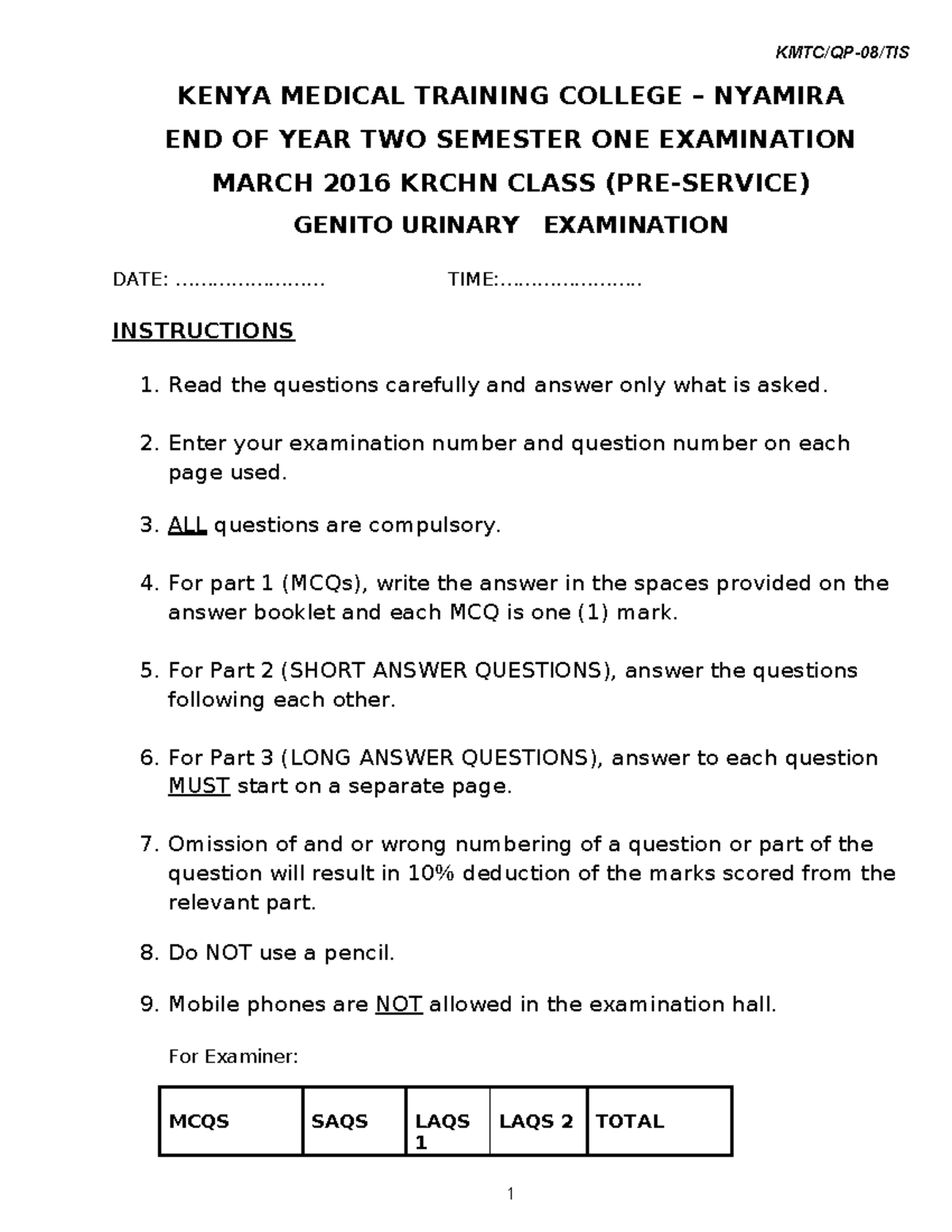 KENYA MEDICAL TRAINING COLLEGE KRCHN GENITO URINARY EXAM MARCH 2016 ...