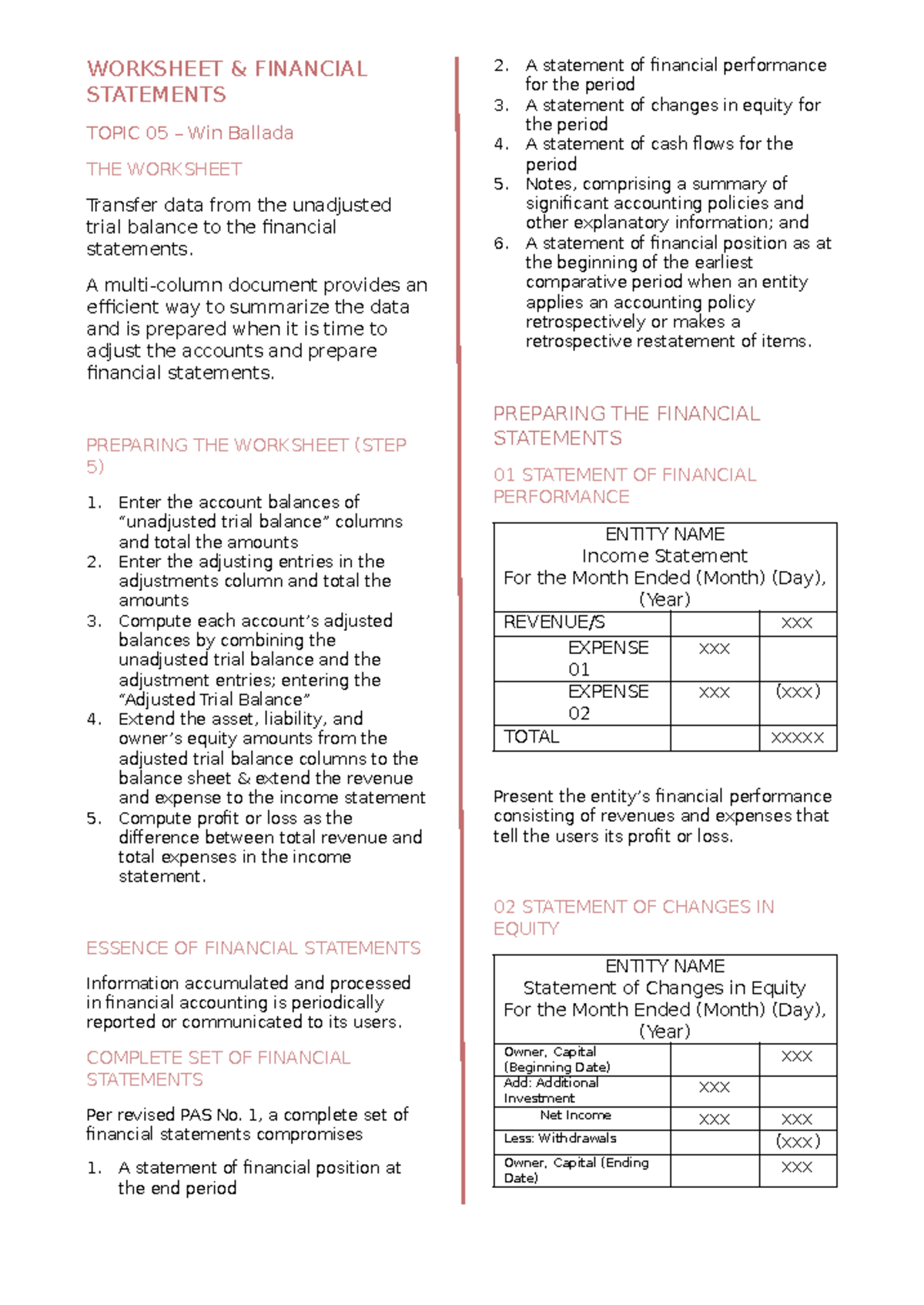 Worksheet & Financial Statements (Topic 05) by Win Ballada - Studocu