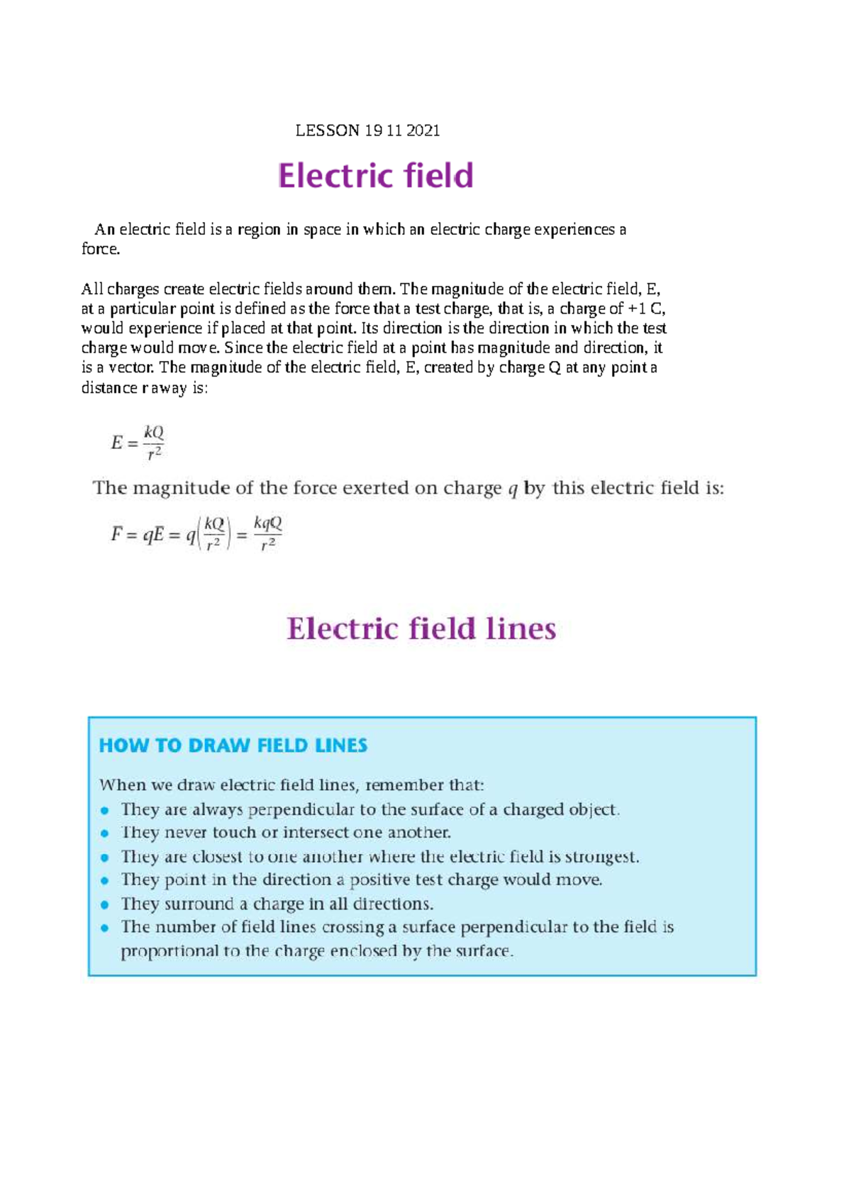 Lesson 19: Understanding Electric Fields and Forces - Studocu