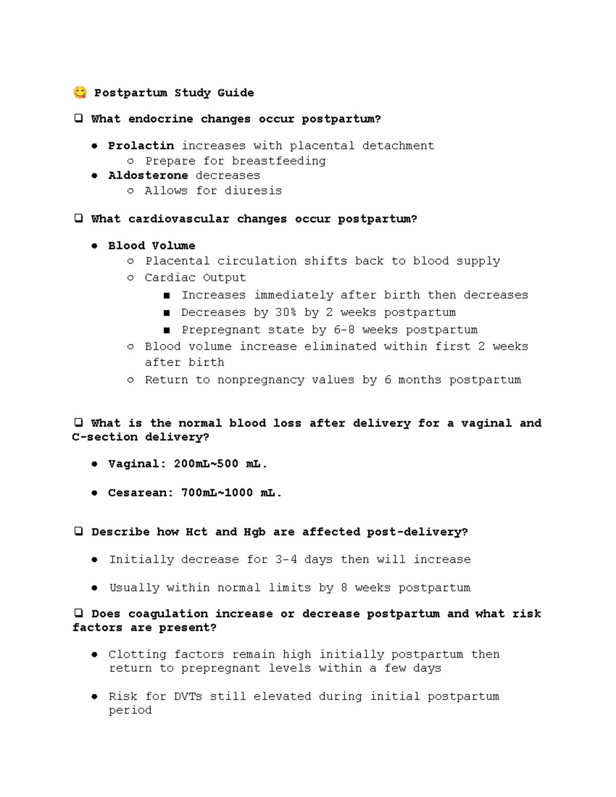 Postpartum Care Study Guide: Adjustments, Assessments, and ...