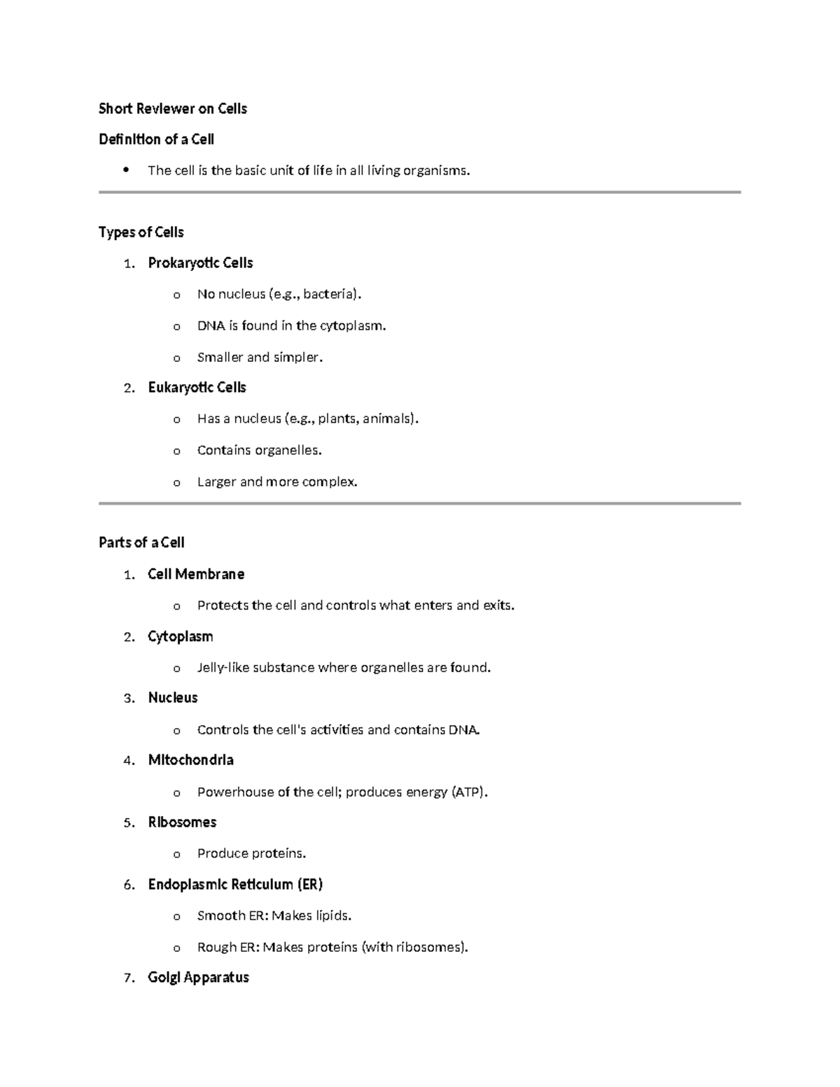 Short Reviewer on Cells - Short Reviewer on Cells Definition of a Cell ...