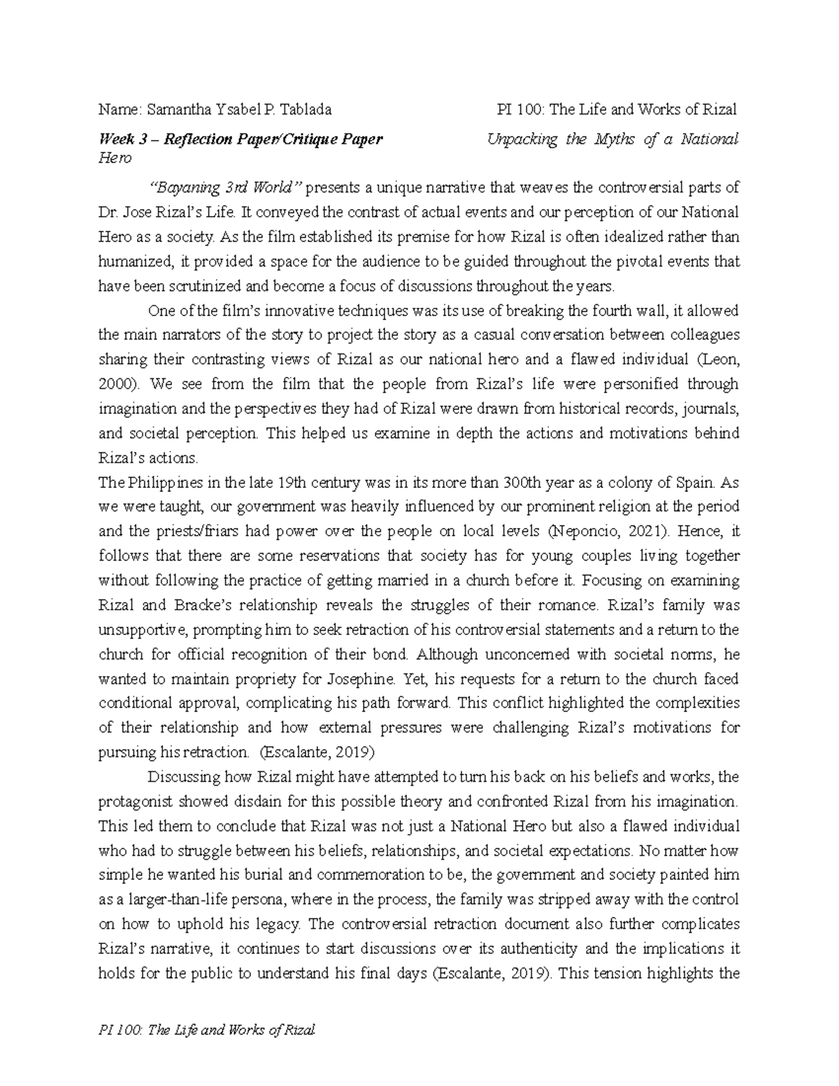 Week 3 Reflection Paper on Rizal's Life and Legacy in PI 100 - Studocu