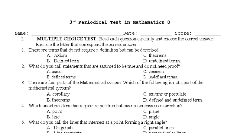 Grade 8 Mathematics 3rd Periodical Test: Multiple Choice Questions ...