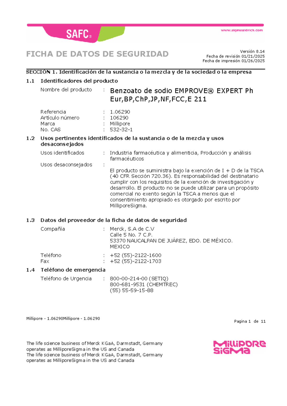 106290 SDS MX ES - Ficha de datos de seguridad de Benzoato de sodio ...