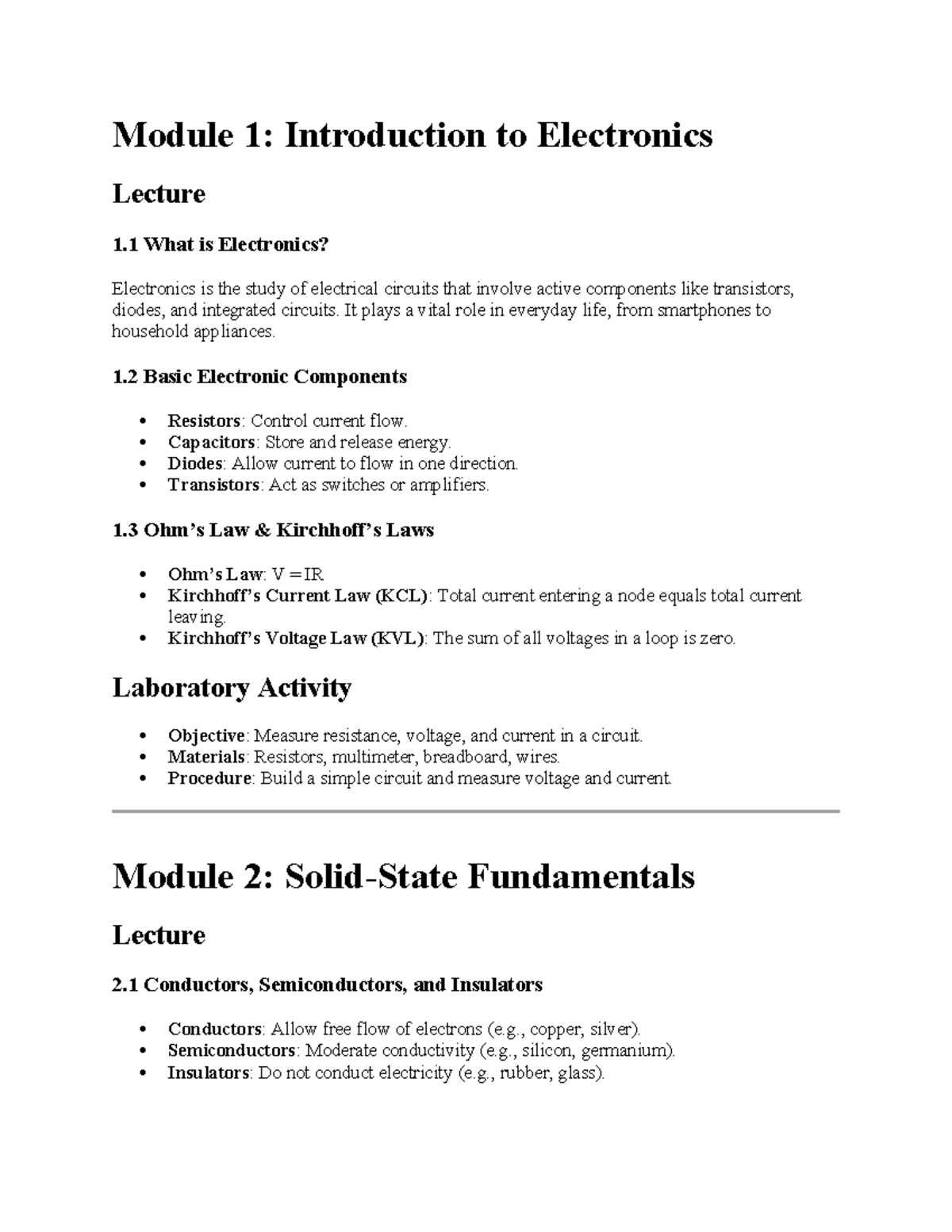 Topics for Fundamentals for Electronics - Module 1: Introduction to ...
