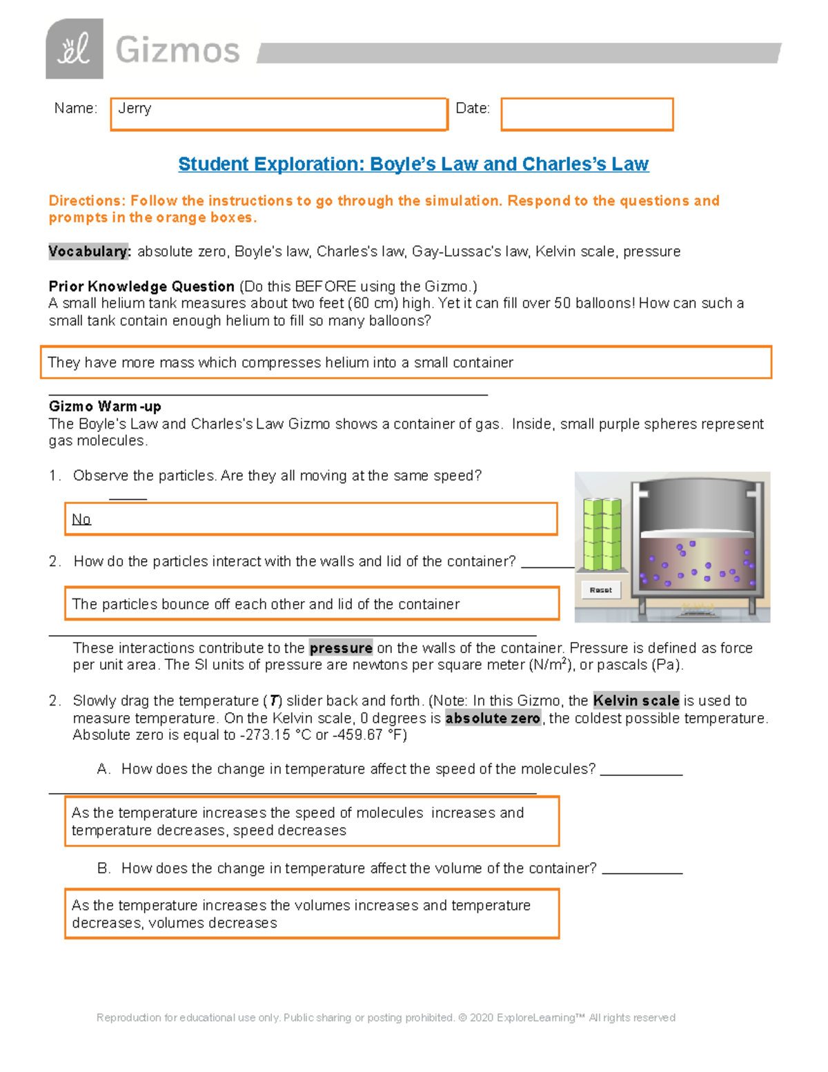 Copy of 01 - Boyles and Charles Law Gizmo Worksheet - Name: Jerry Date ...