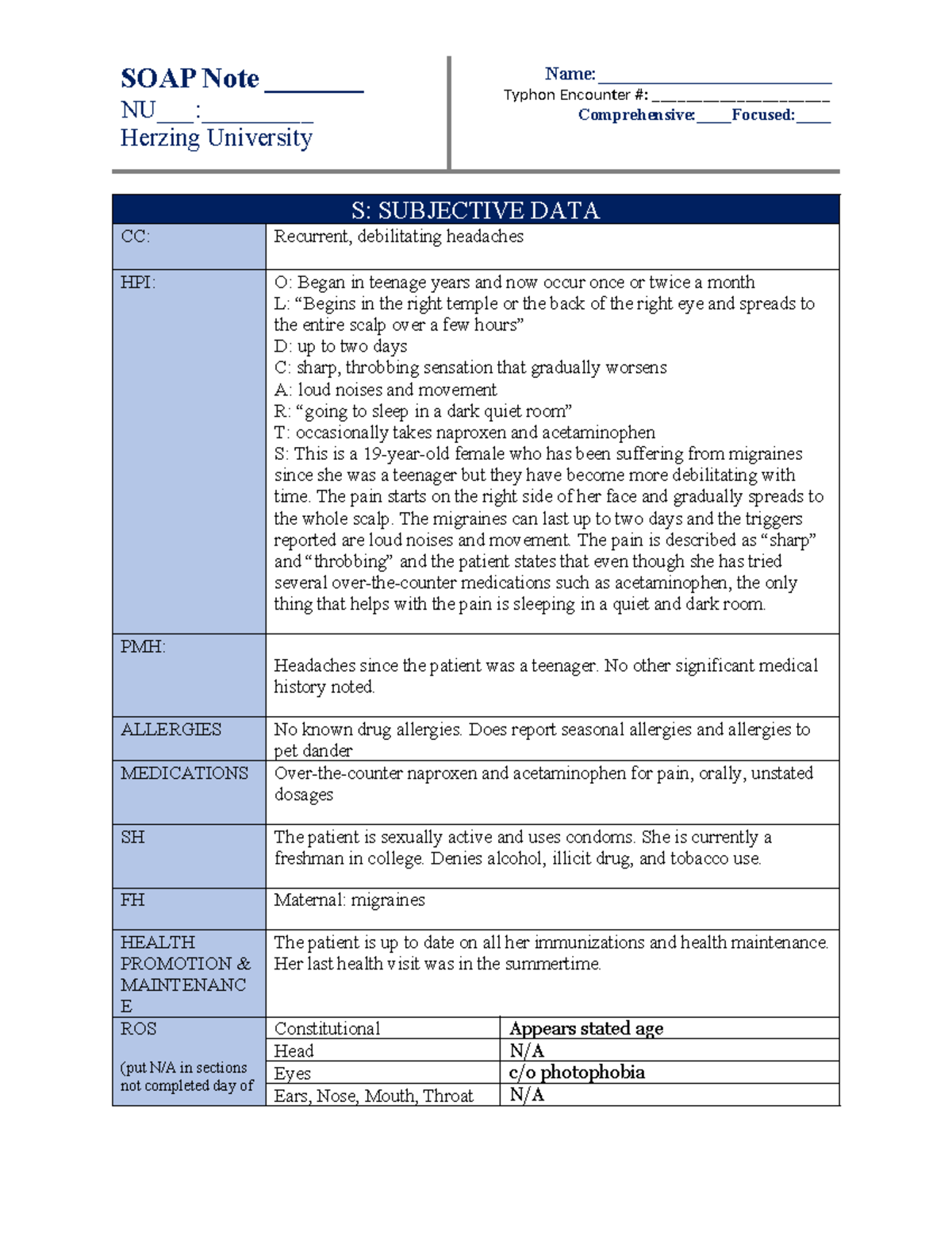 SOAP Note Week 1 - SOAP Note _______ NU___:_________ Herzing University ...