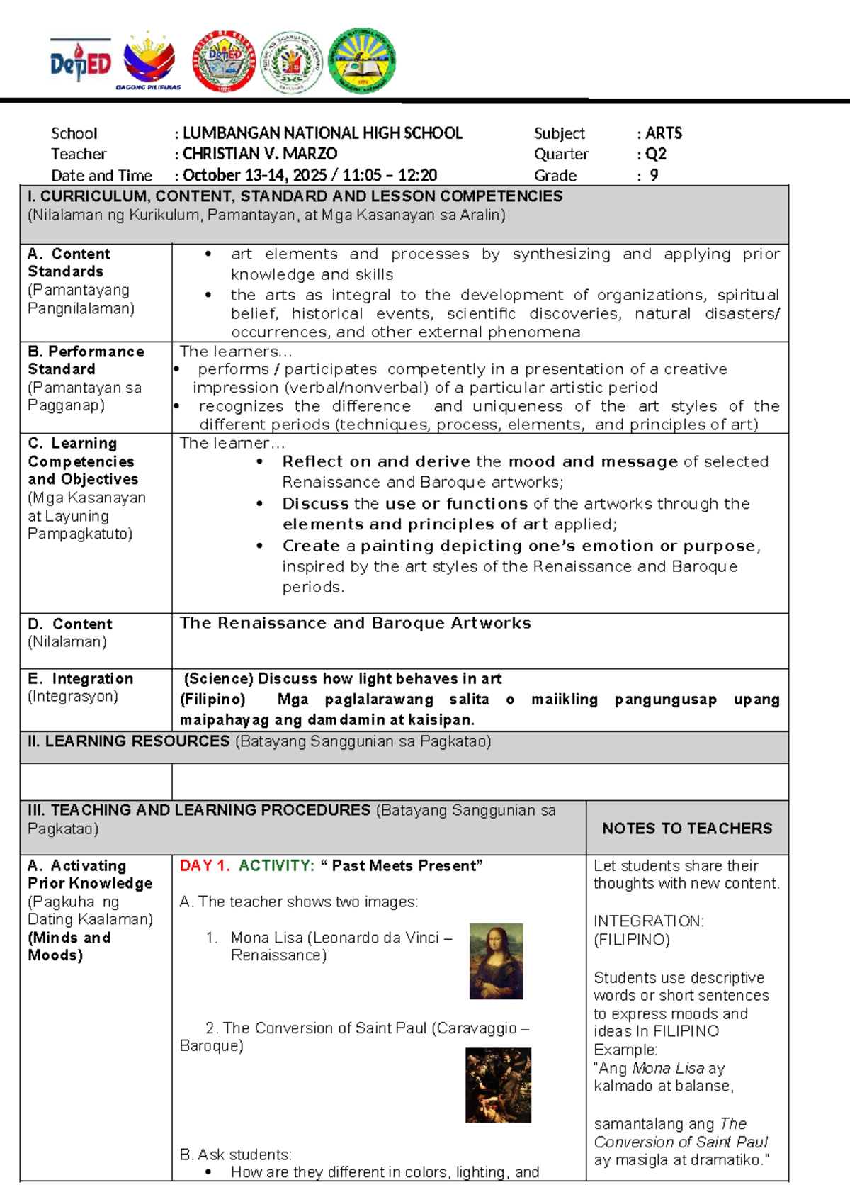 ARTS 9 Q2 - Week 2 Detailed Lesson Plan on Renaissance & Baroque Art ...