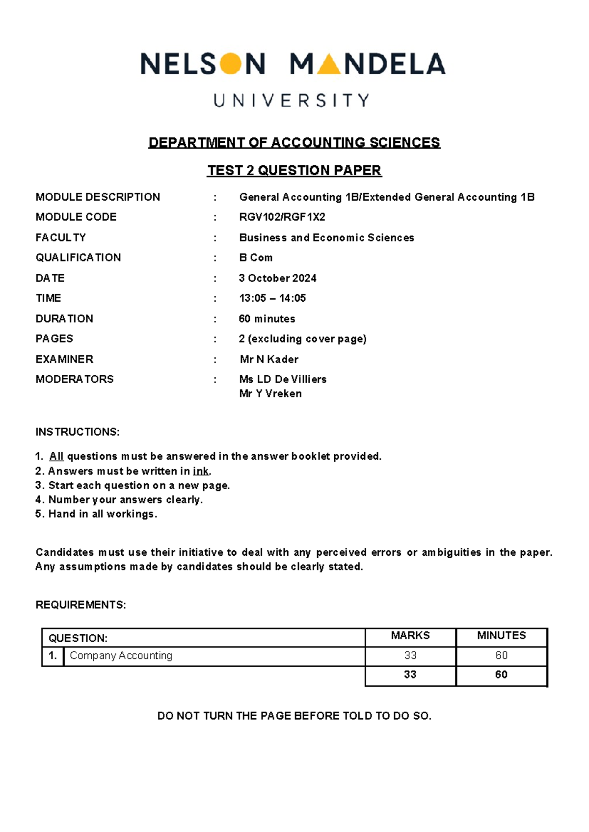 RGV102 General Accounting Test 2 Question Paper - 3 Oct 2024 - Studocu