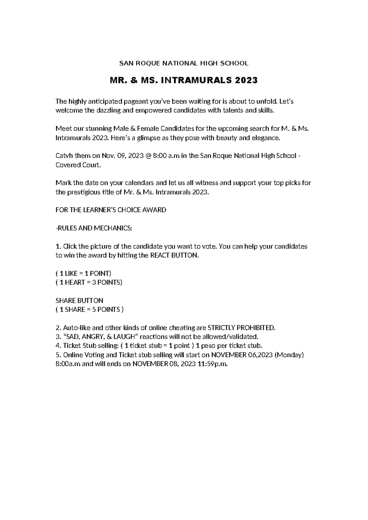 MR. & MS. INTRAMURALS 2023: Event Info & Voting Mechanics - Studocu