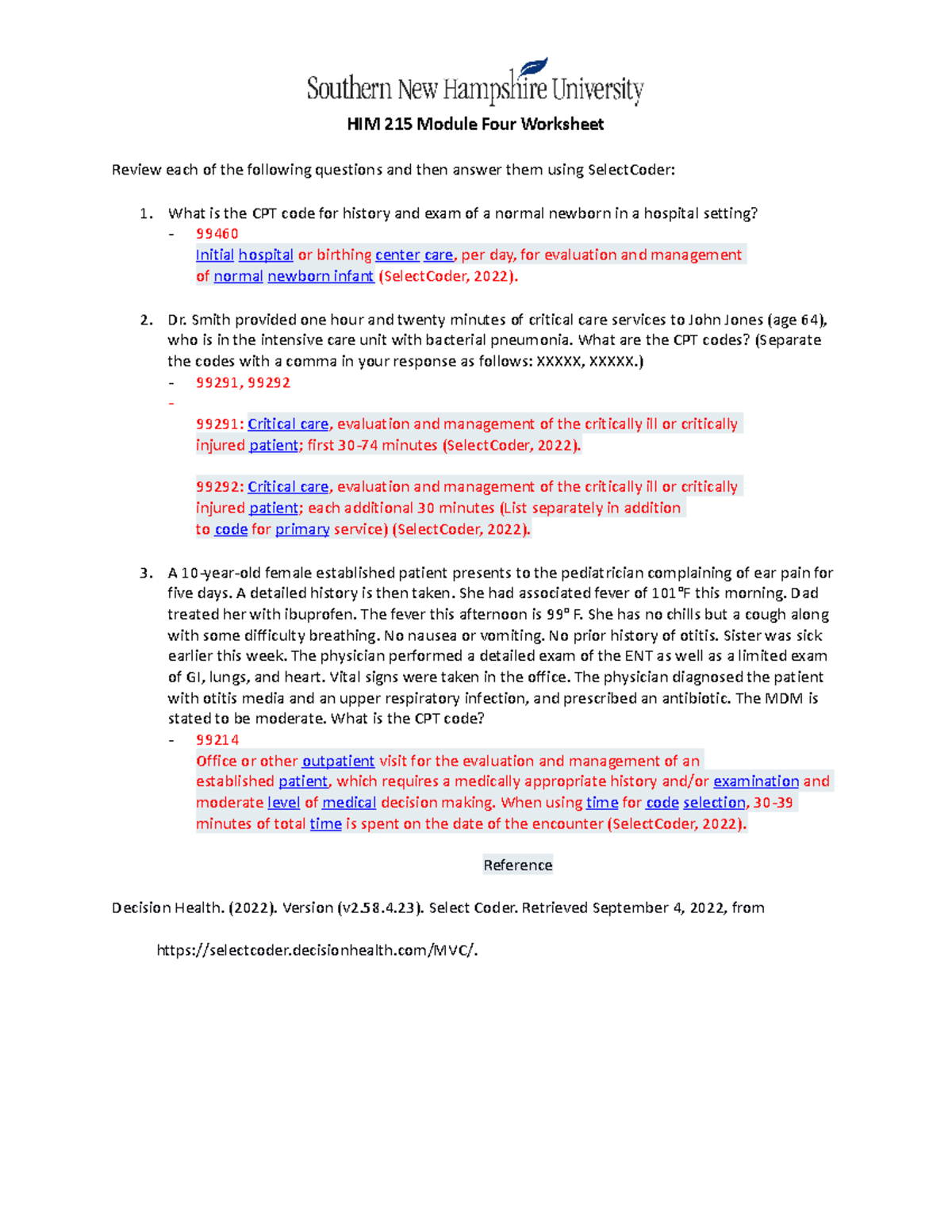 HIM 215 Module 4 Worksheet: CPT Code Review and Answers - Studocu