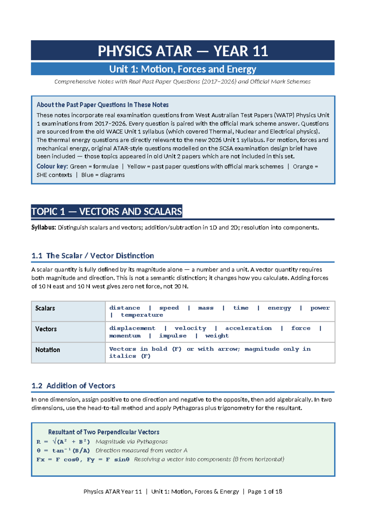 PHYSICS ATAR YEAR 11 Unit 1: Motion, Forces & Energy Notes with Past ...