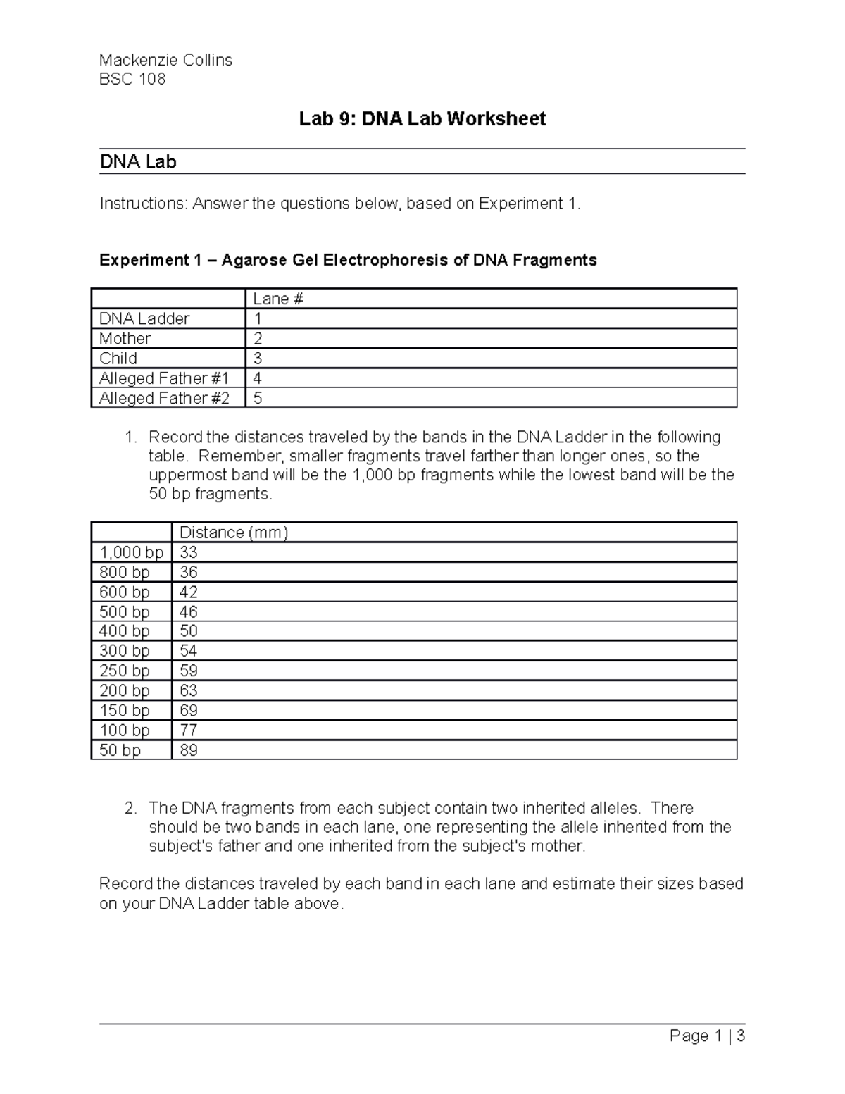 Lab 9 BSC 108: DNA Gel Electrophoresis Worksheet and Analysis - Studocu