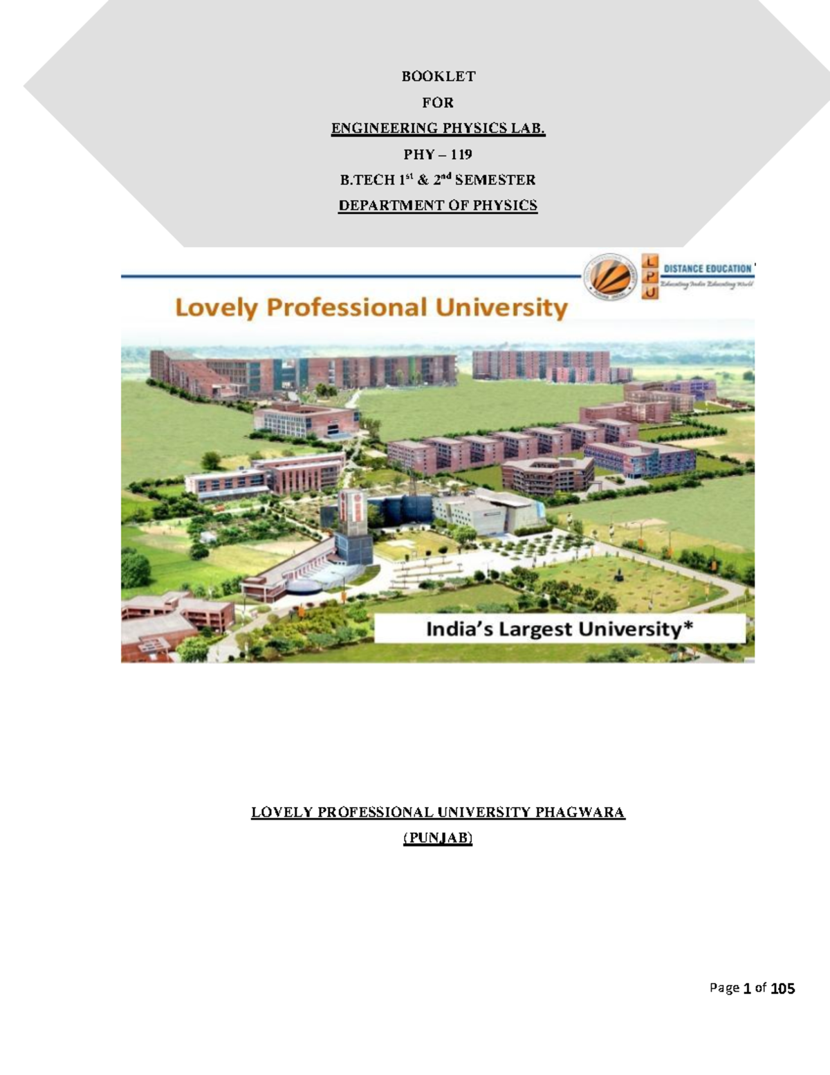 PHY119 - Engineering Physics Laboratory Practical Lab Manual - Studocu