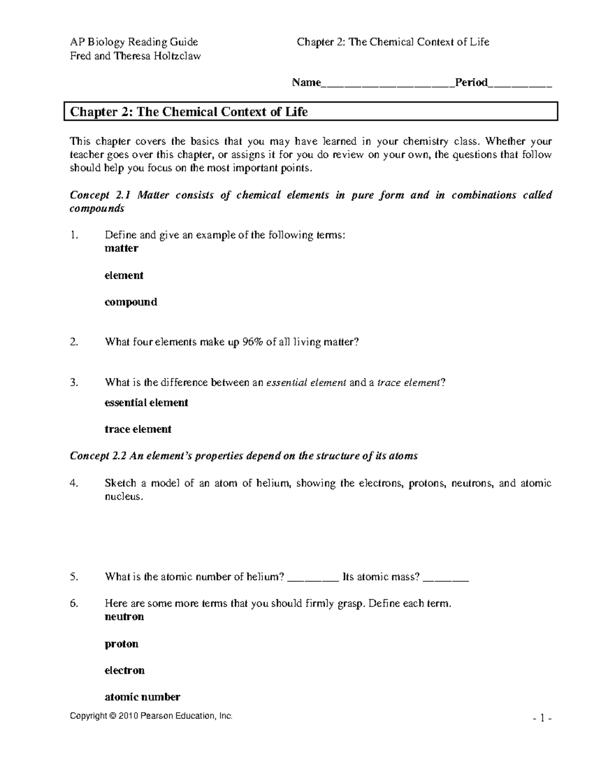 AP Biology Reading Guide: Chapter 2 - The Chemical Context of Life ...