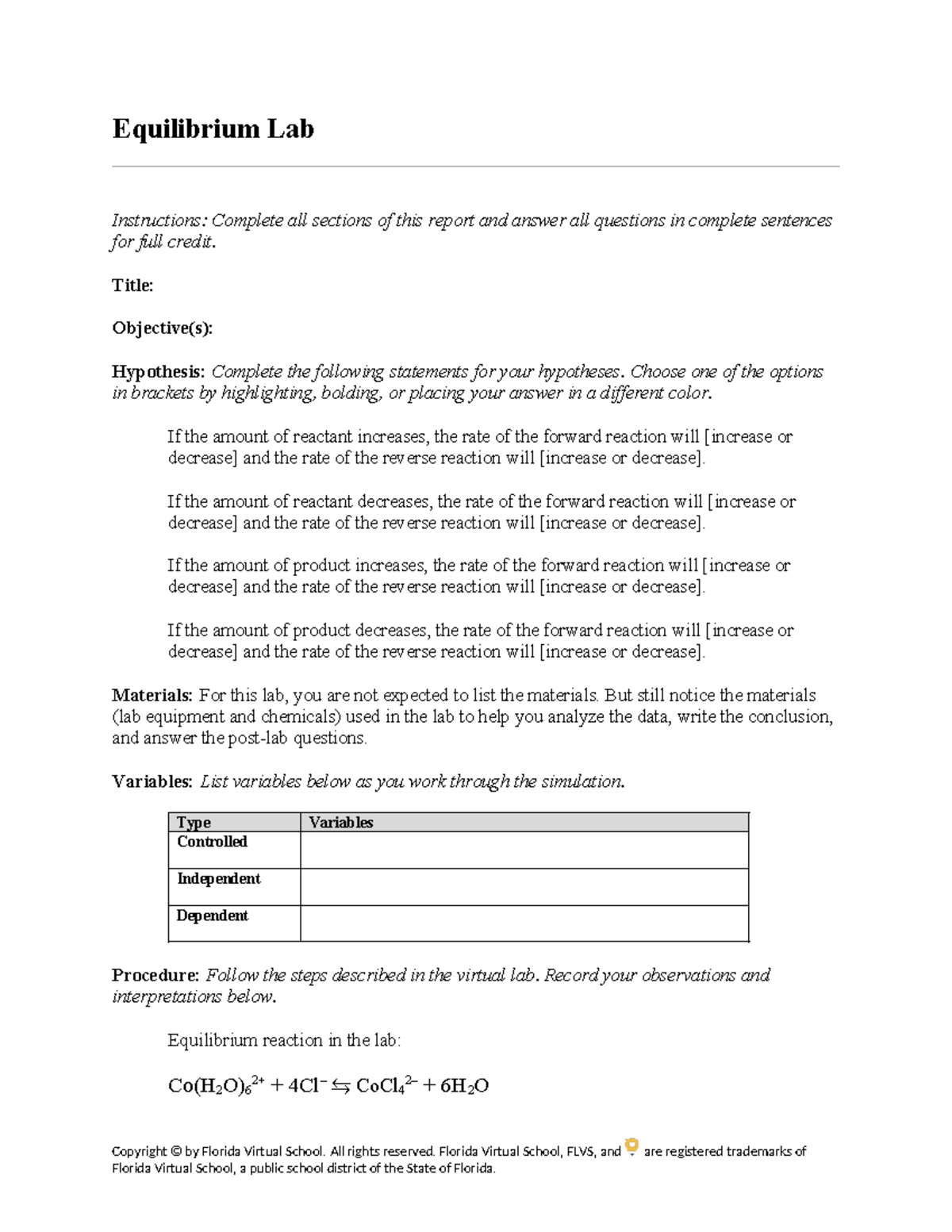 Equilibrium Lab Report Instructions: Complete All Sections for Credit ...