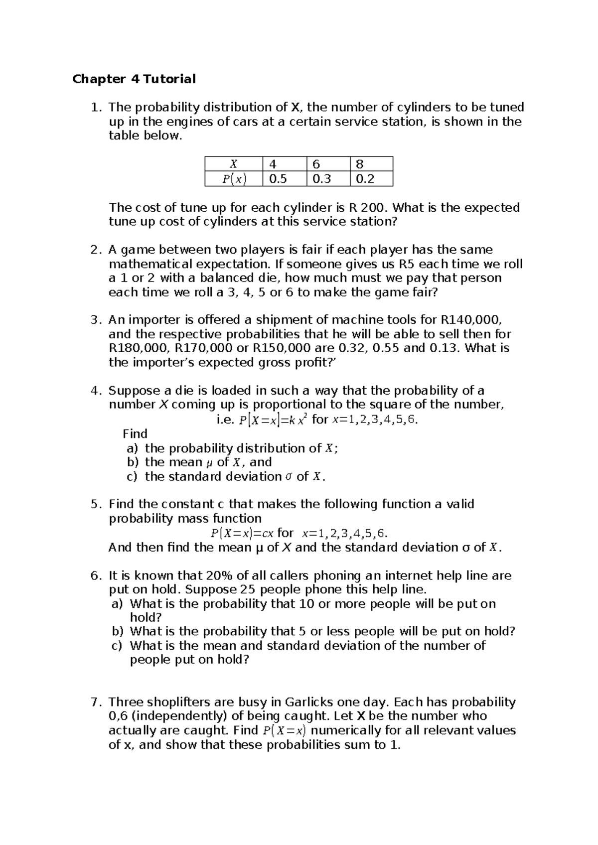 Chapter 4 Tutorial Review - 1GBAO1 Probability Distributions and ...