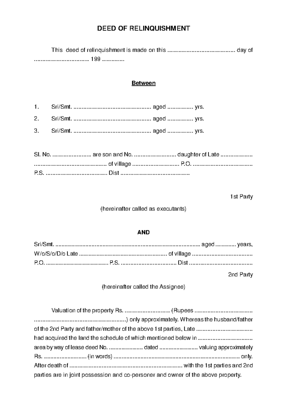 Deed of Relinquishment Template and Guidelines - Studocu