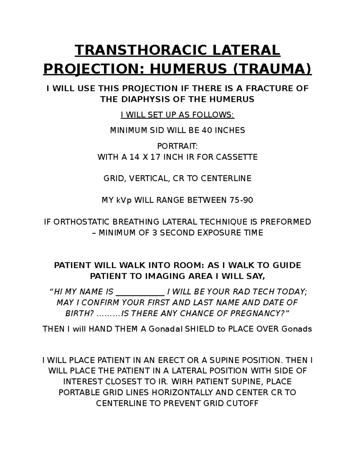 Transthoracic Lateral Projection of Humerus (Trauma) Guidelines - Studocu