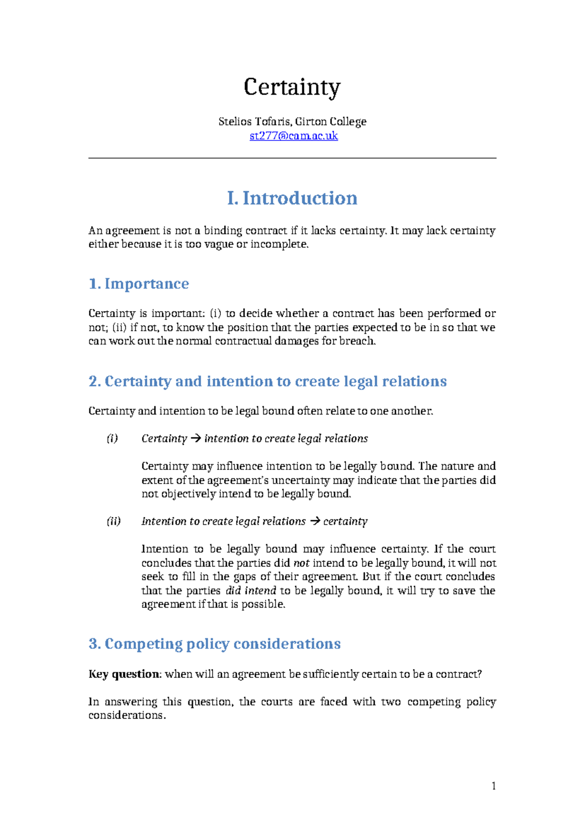 Certainty in Contracts: A Comprehensive Handout (LAW 101) - Studocu