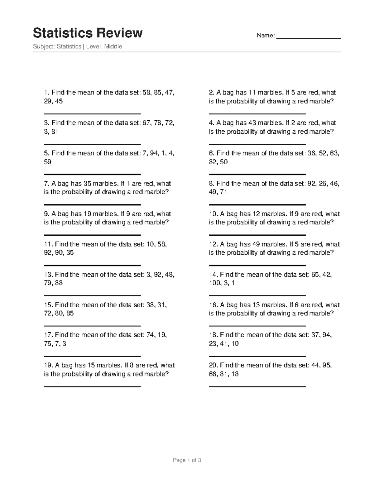 Statistics Review 3: Mean & Probability Exercises for Middle Level ...