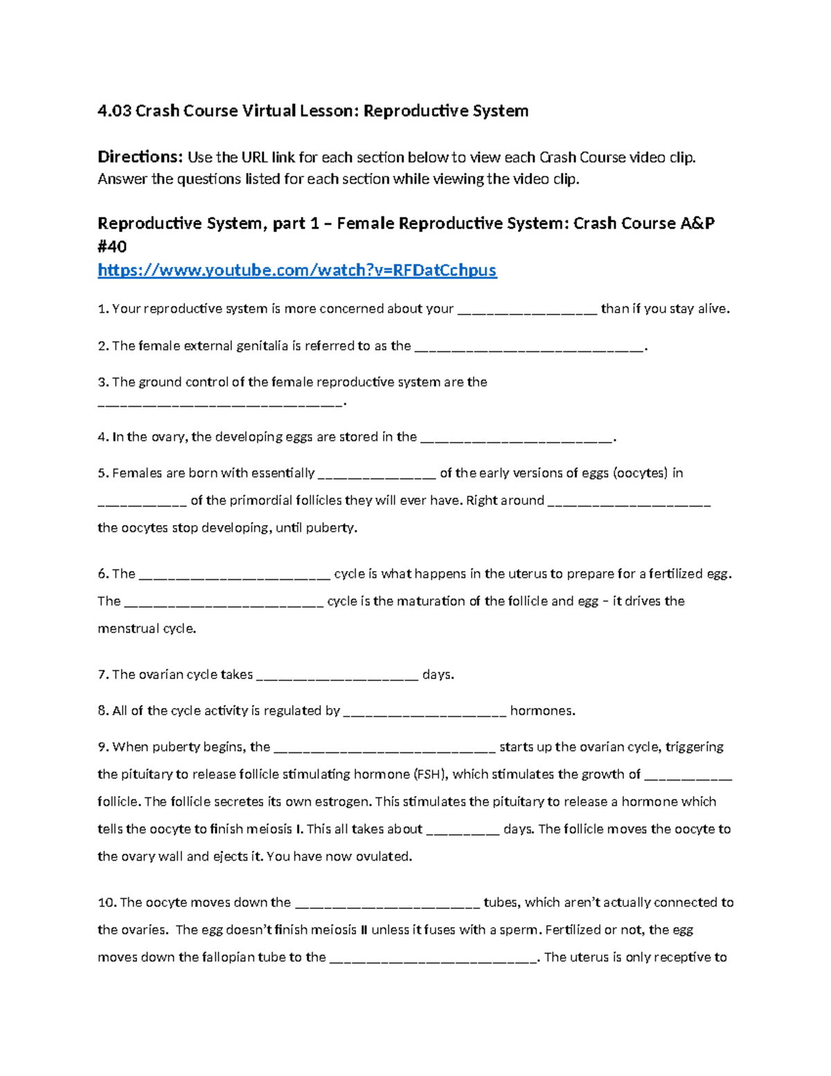 403CRA 1 - Reproductive System Crash Course Virtual Lesson Notes - Studocu
