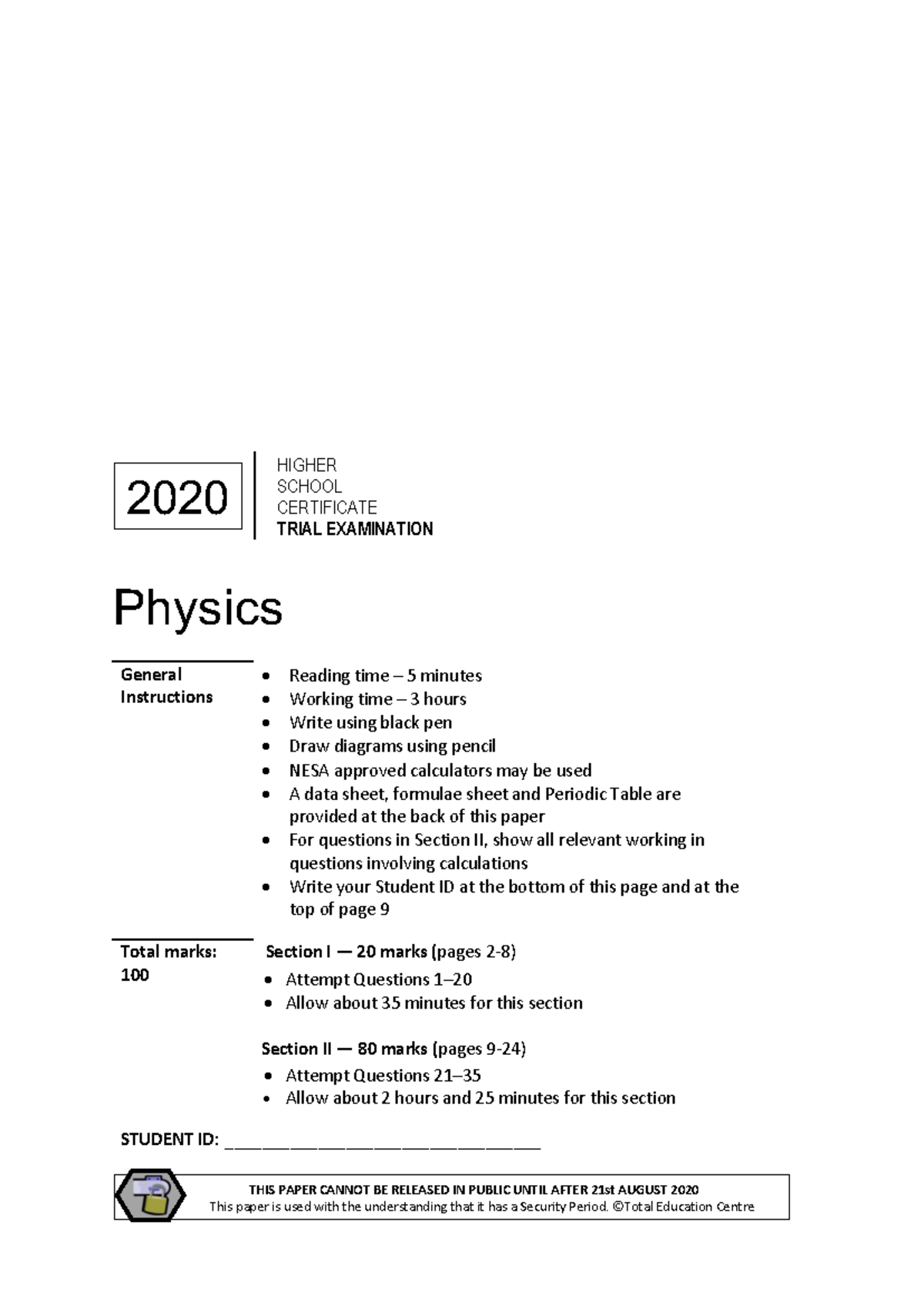 2020 HSC Physics Trial Exam - General Instructions & Questions - Studocu