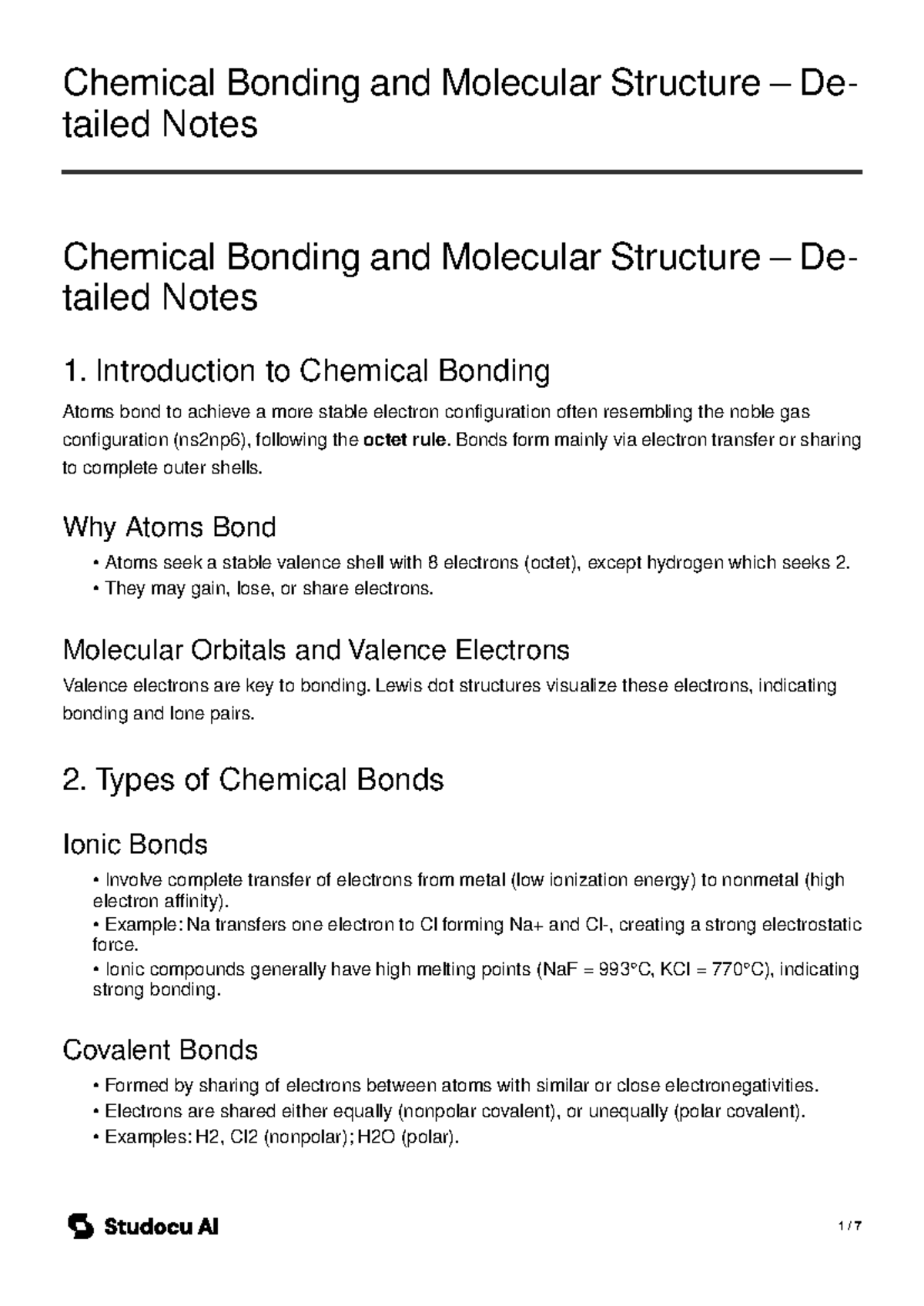 Chemical Bonding and Molecular Structure – Detailed Notes - Studocu