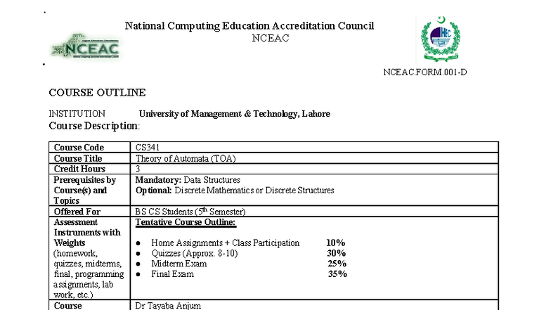 CS341 Theory of Automata Course Outline - Waleed Riaz - Studocu