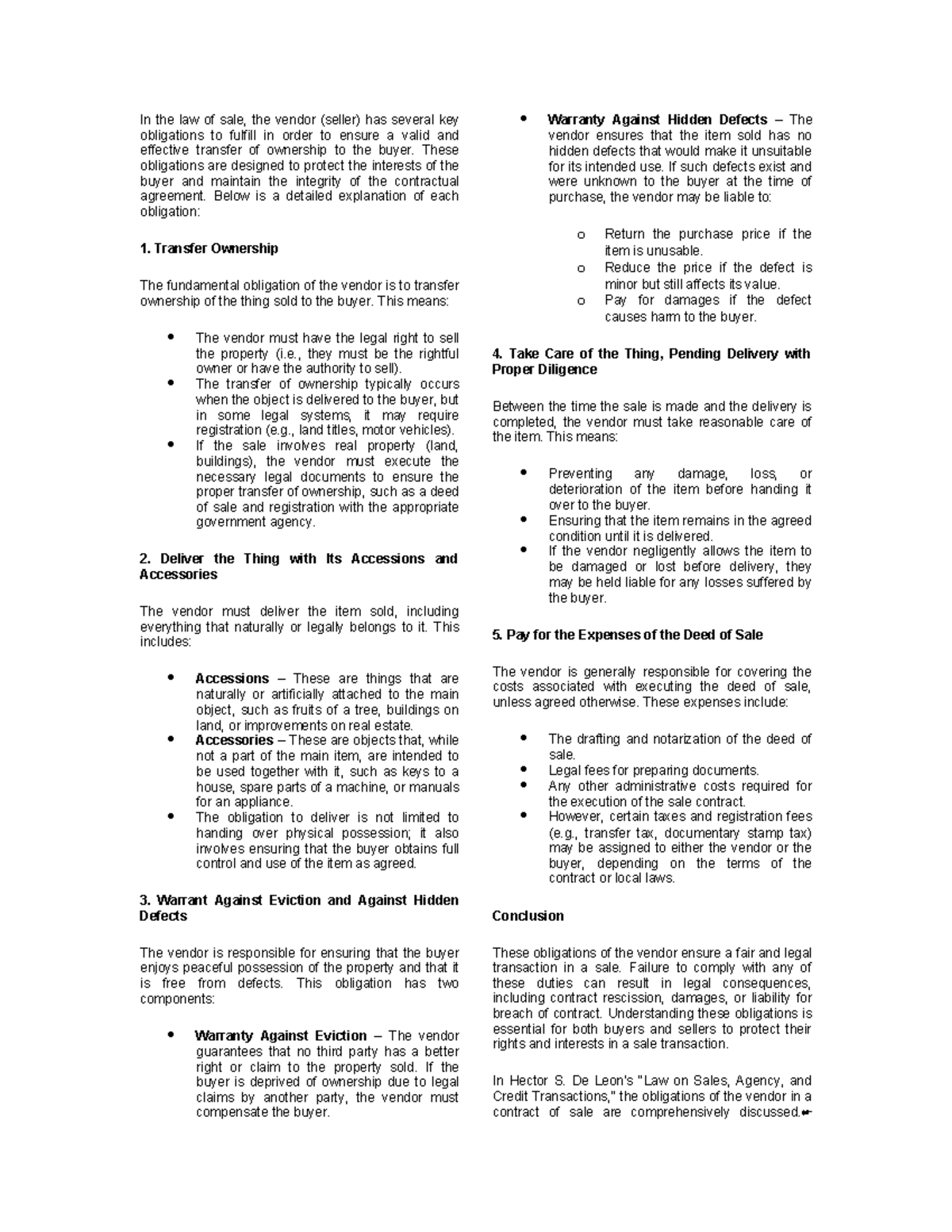 Law of Sale (LAW101): Summary of Vendor Obligations & Legal Issues ...