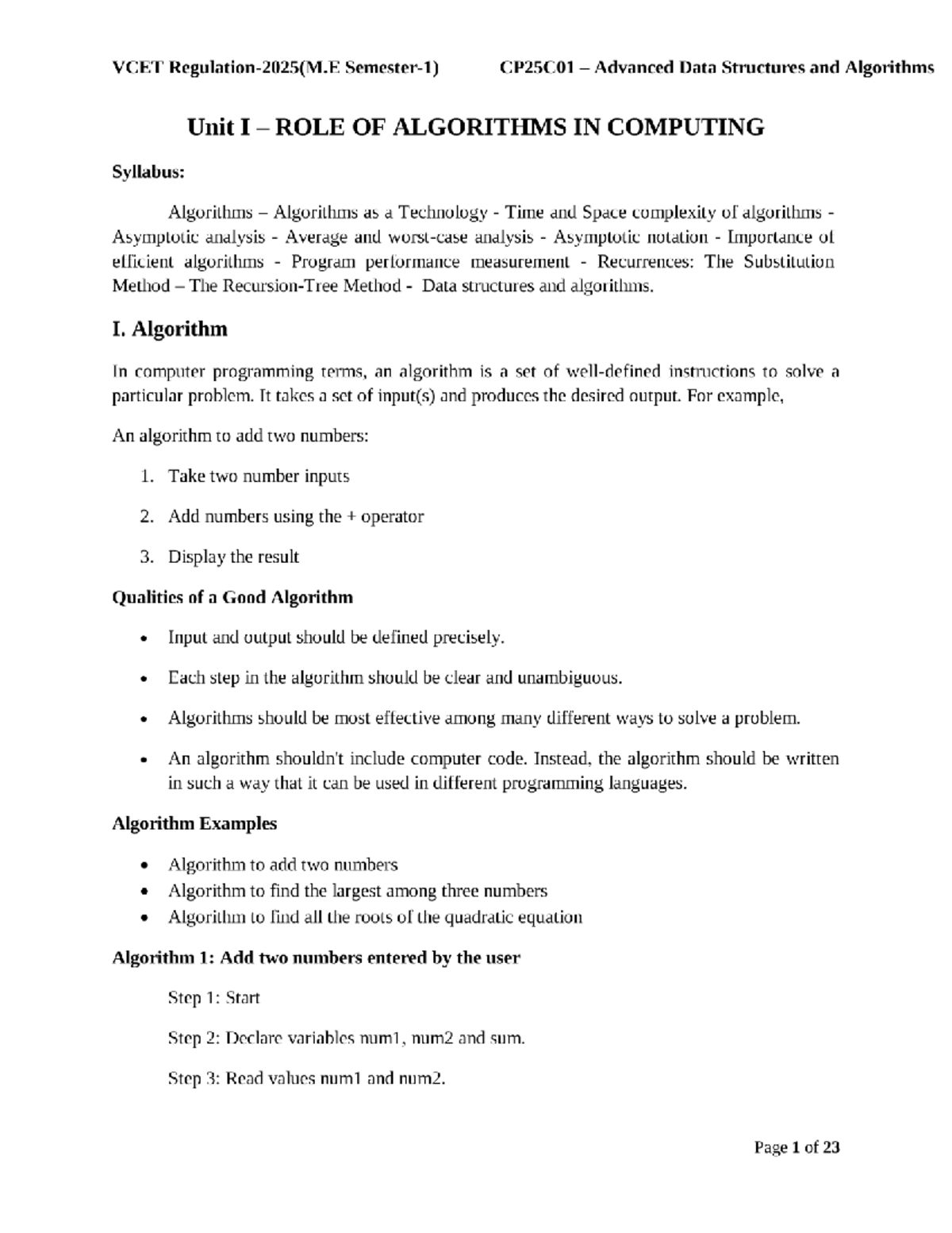 VCET CP25C01 Advanced Data Structures and Algorithms: Unit I - Role of ...