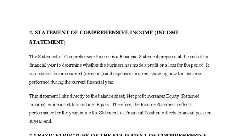 2.1 STATEMENT OF COMPREHENSIVE INCOME & BALANCE SHEET OVERVIEW - Studocu