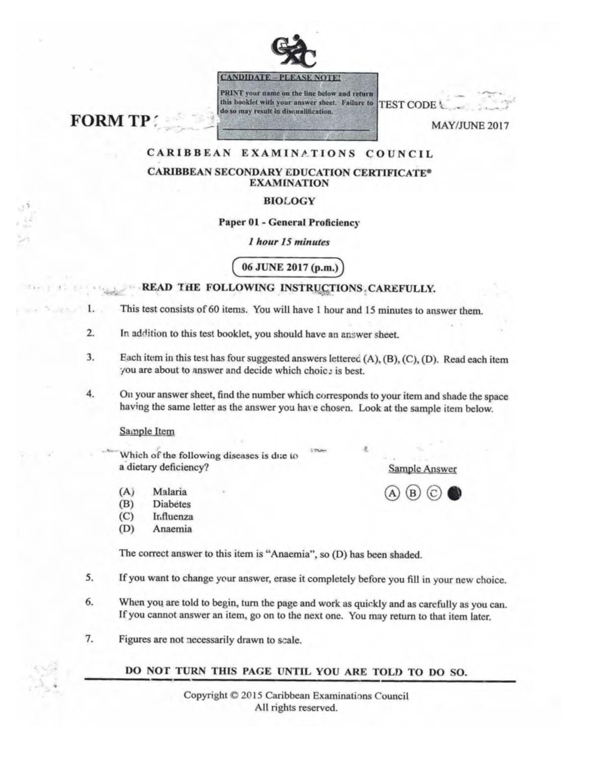 CSEC Biology Paper 01 General Proficiency Exam - June 2017 - Studocu
