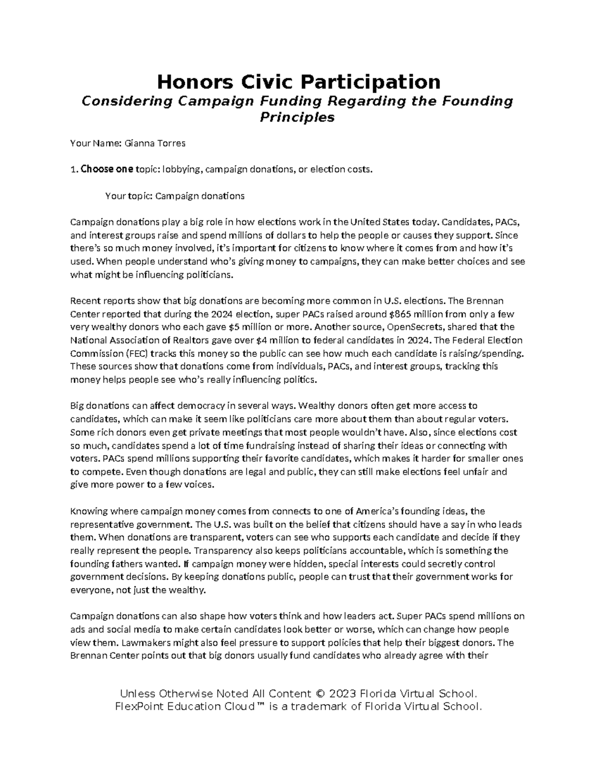 Honors Essay: Campaign Donations and Founding Principles - Studocu