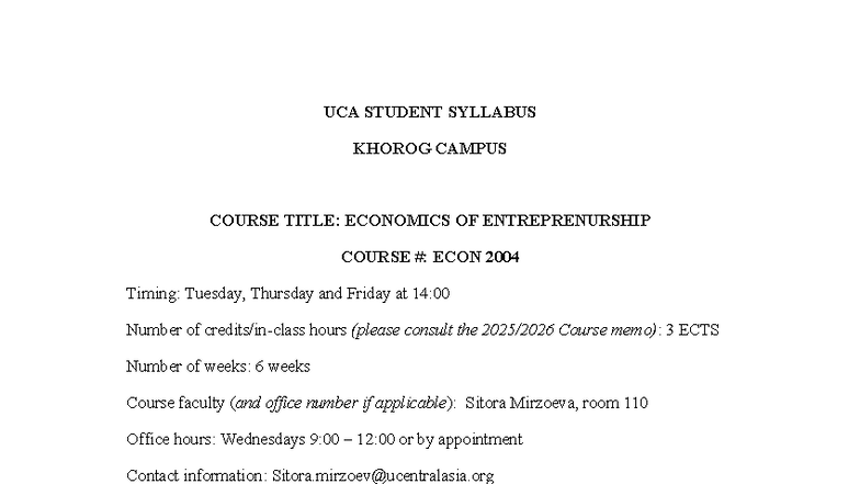 Economics of Entrepreneurship Syllabus (ECON 2004) - Fall 2025 - Studocu