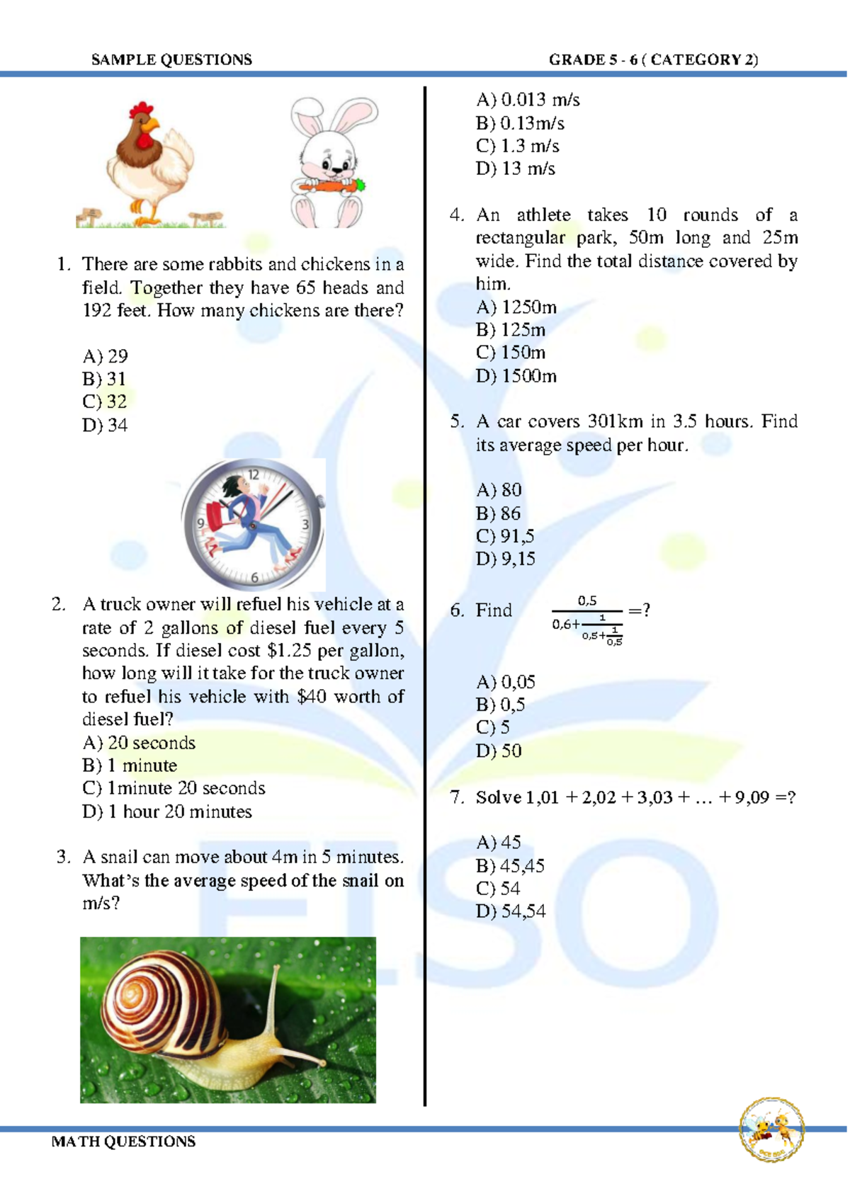 Grade 5-6 Math Sample Questions (Category 2) - Studocu