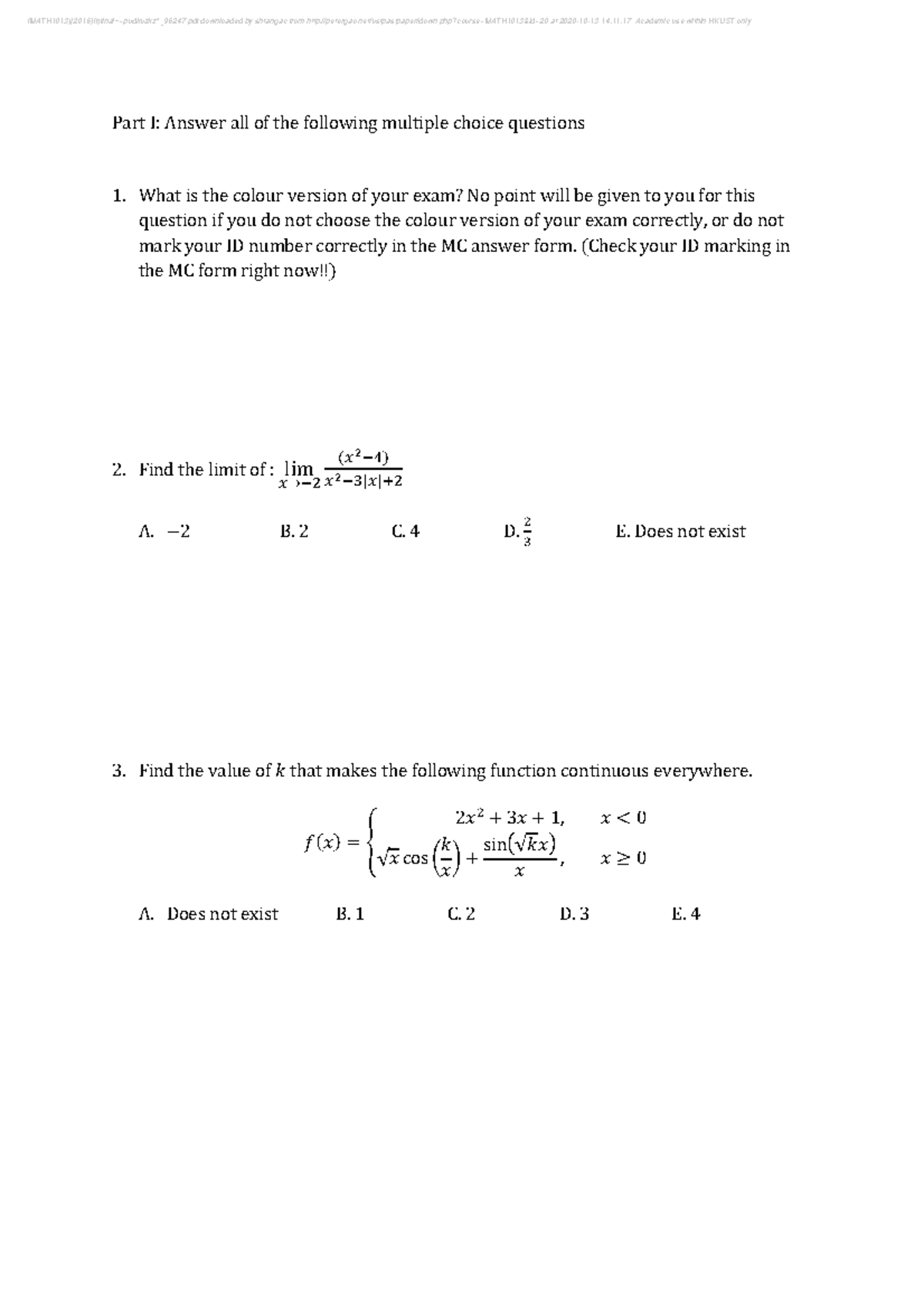 (MATH1013) 2016 Final Exam Paper: Multiple Choice & Problem Solving ...