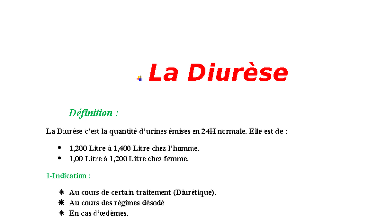 La Diurèse : Techniques et Analyses - INFIRMIER - Studocu