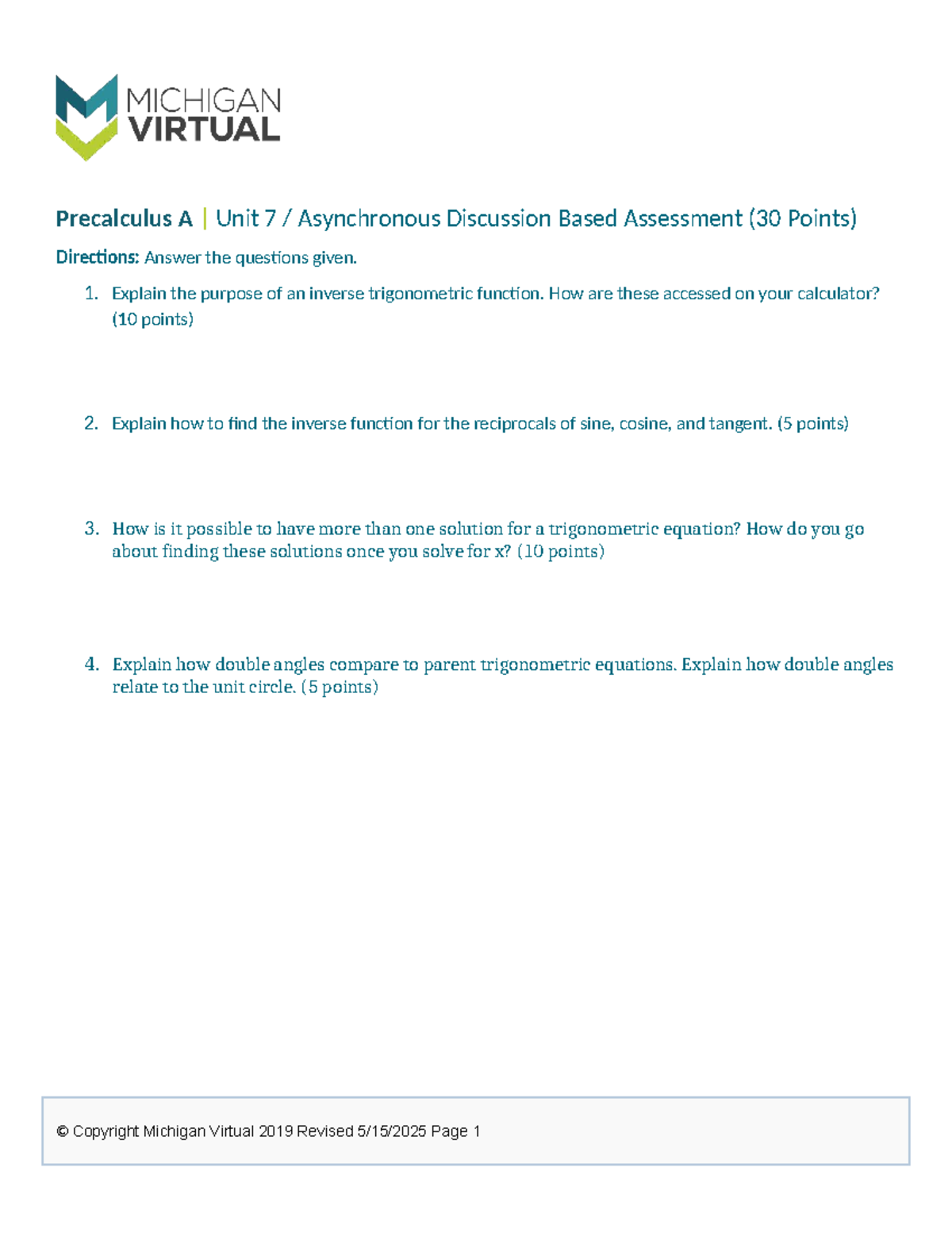 Precalculus A Unit 7 Discussion-Based Assessment (30 Points) - Studocu
