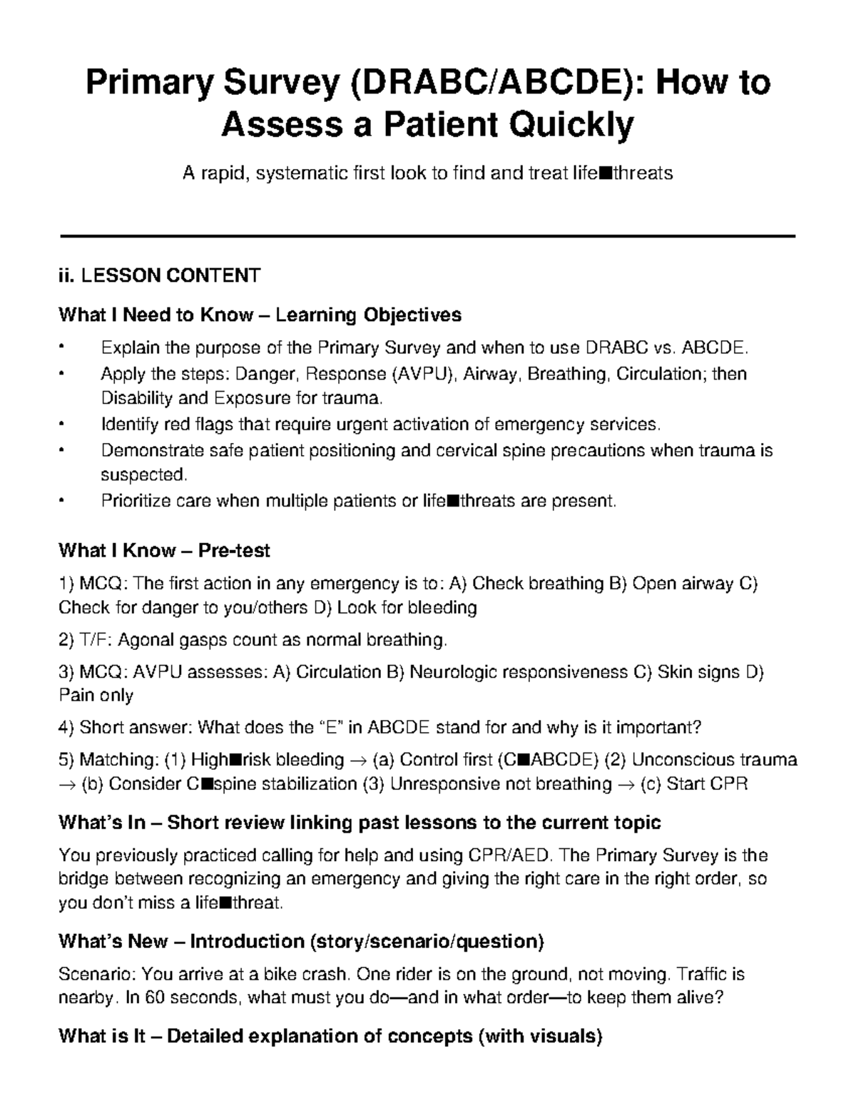 Module 01: Primary Survey DRABC & ABCDE Overview - Studocu
