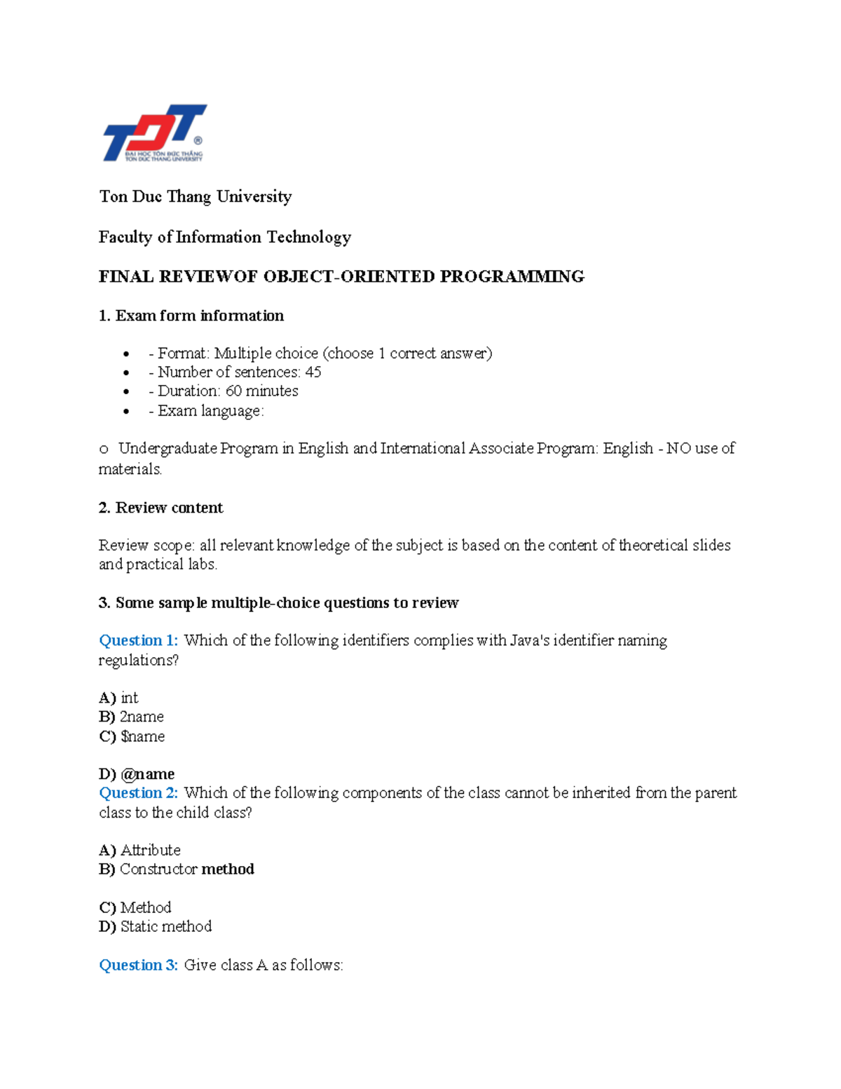 OOP final exam info - Ton Duc Thang University Faculty of Information Technology FINAL REVIEWOF ...