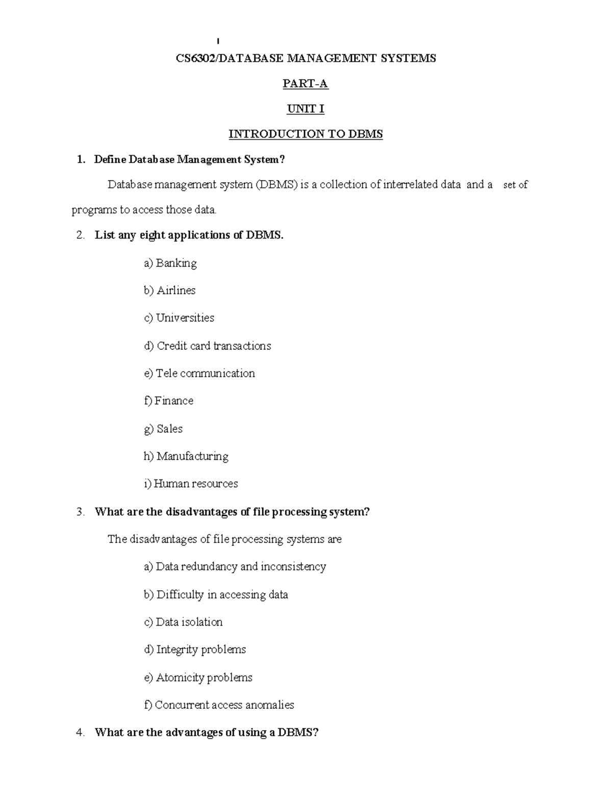 DBMS 101: Two Mark Q&A for Unit I - Introduction to DBMS - Studocu