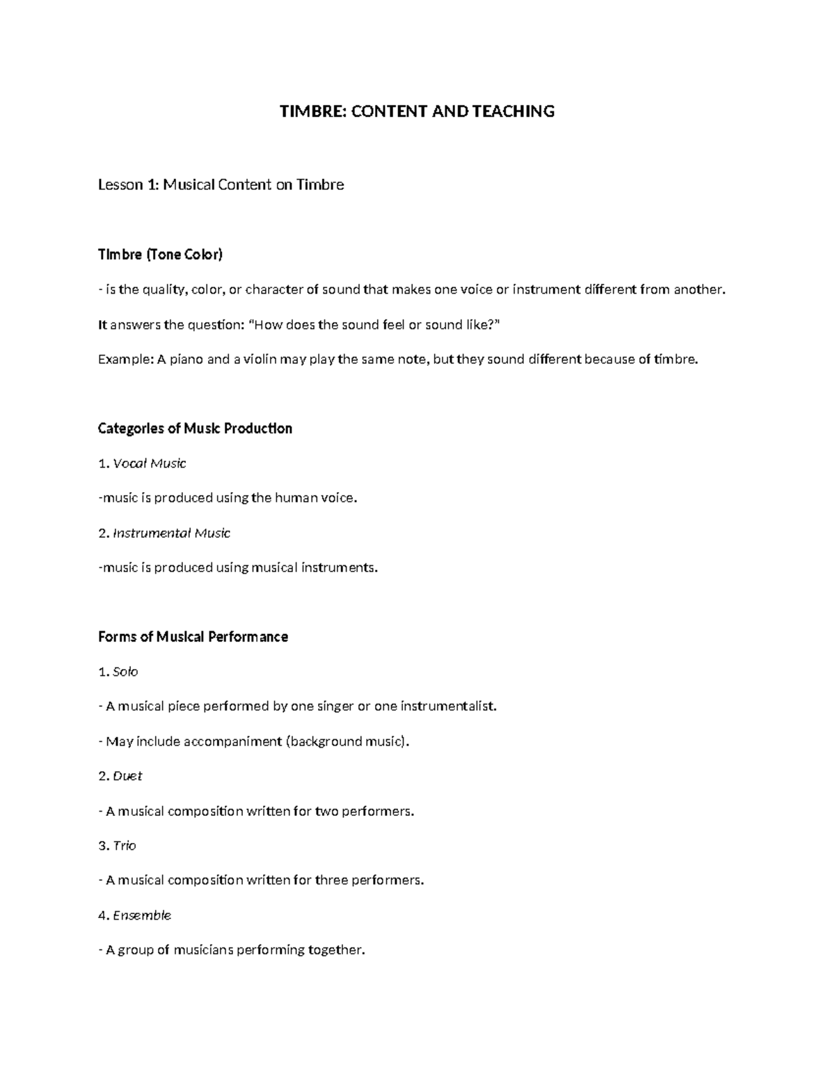 Timbre: Content & Teaching (Lesson 1) - Understanding Musical Tone ...