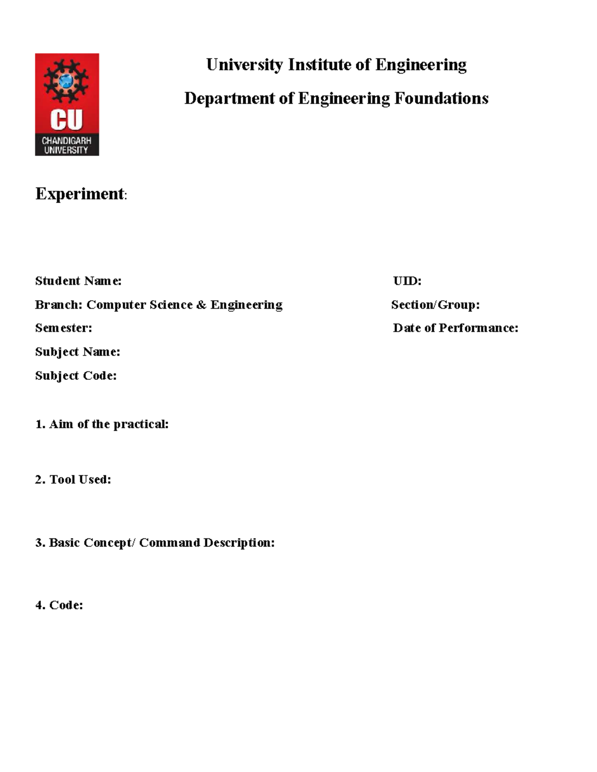 CSE 101: Foundations Experiment Worksheet - Sample Format - Studocu