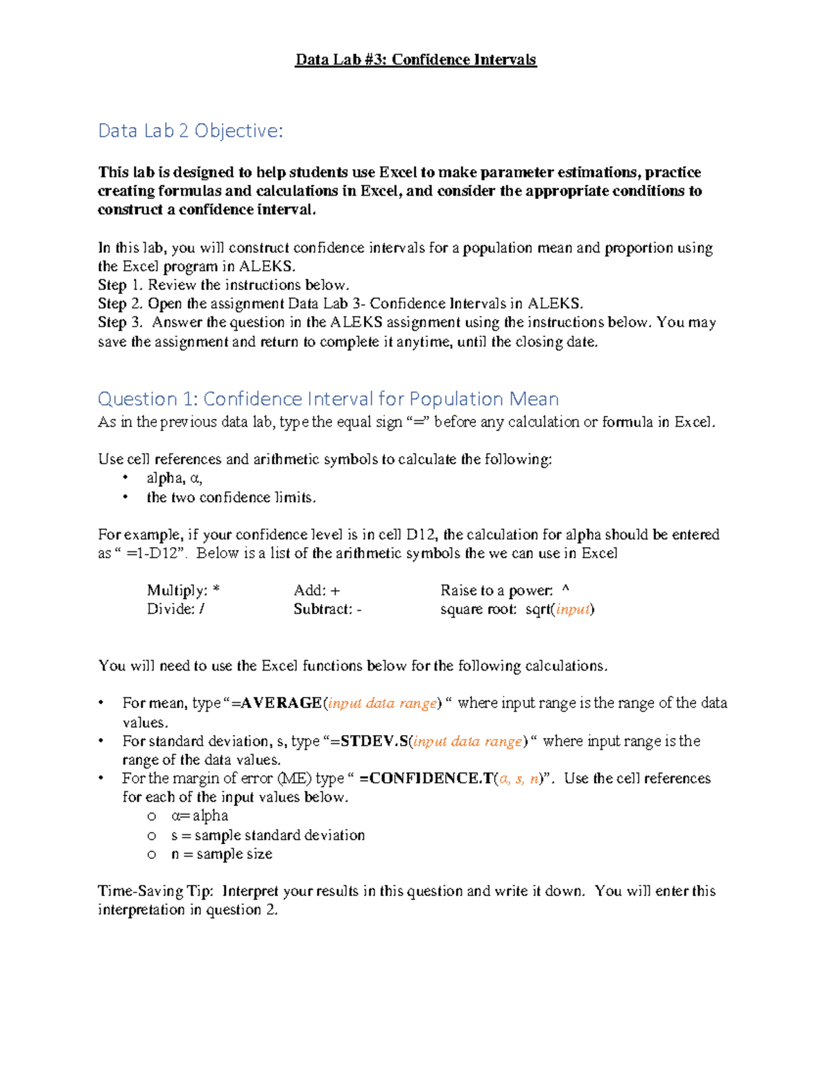 Data Lab 3 Confidence Intervals - Data Lab #3: Confidence Intervals Data Lab 2 Objective: This ...