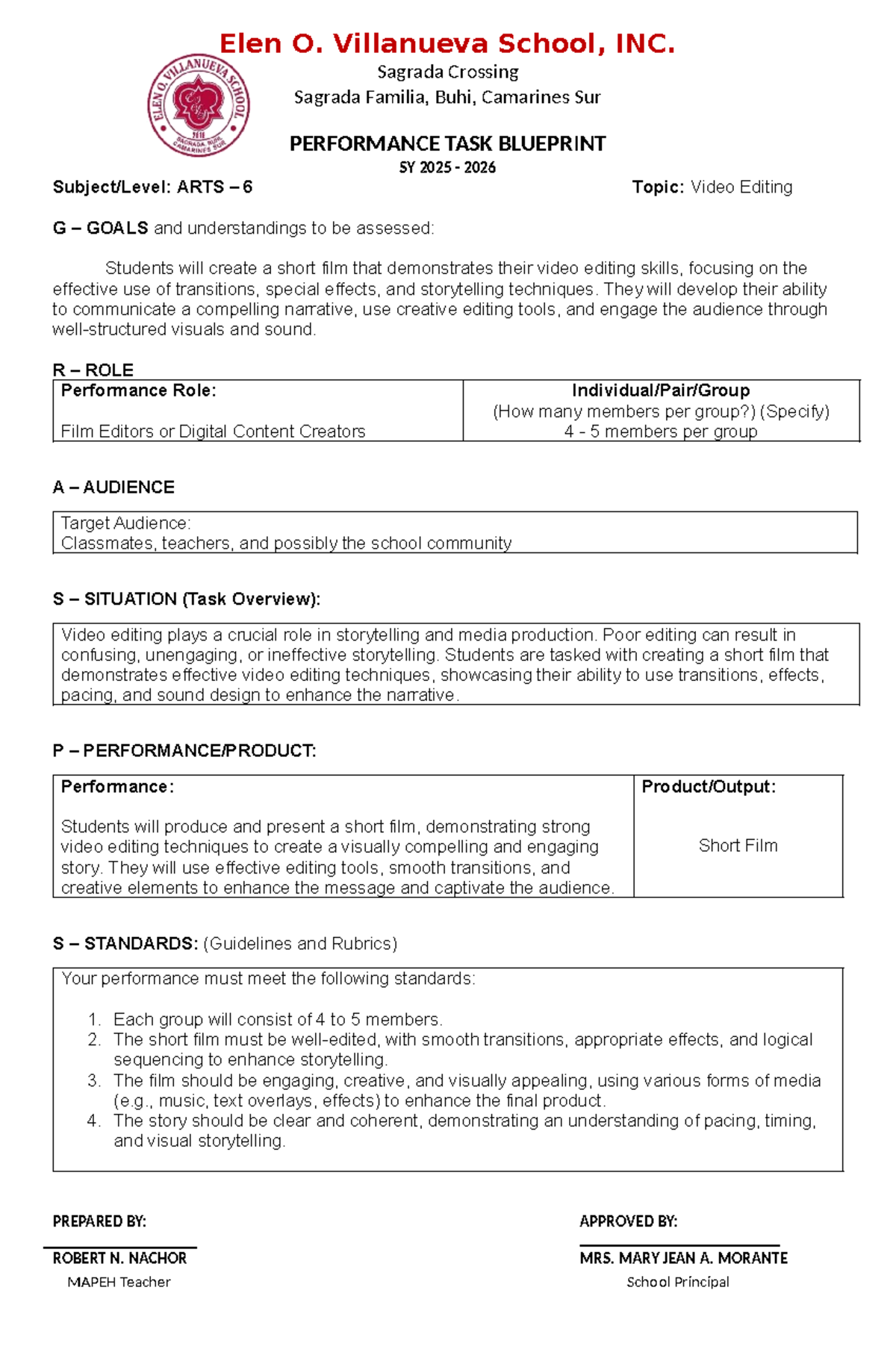 ARTS 6 Final Performance Task Blueprint: Video Editing Project - Studocu