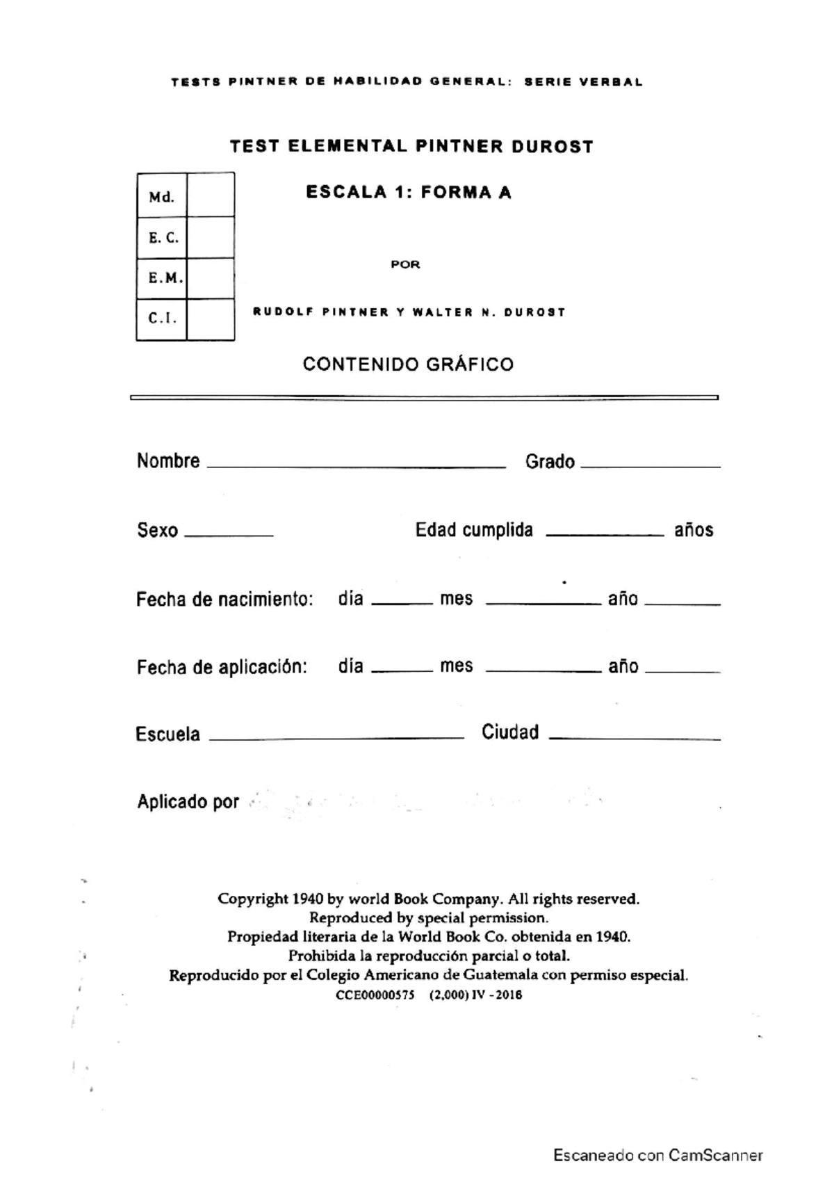 Test Elemental Pintner Durost: Serie Verbal Escala 1 Form A - Studocu