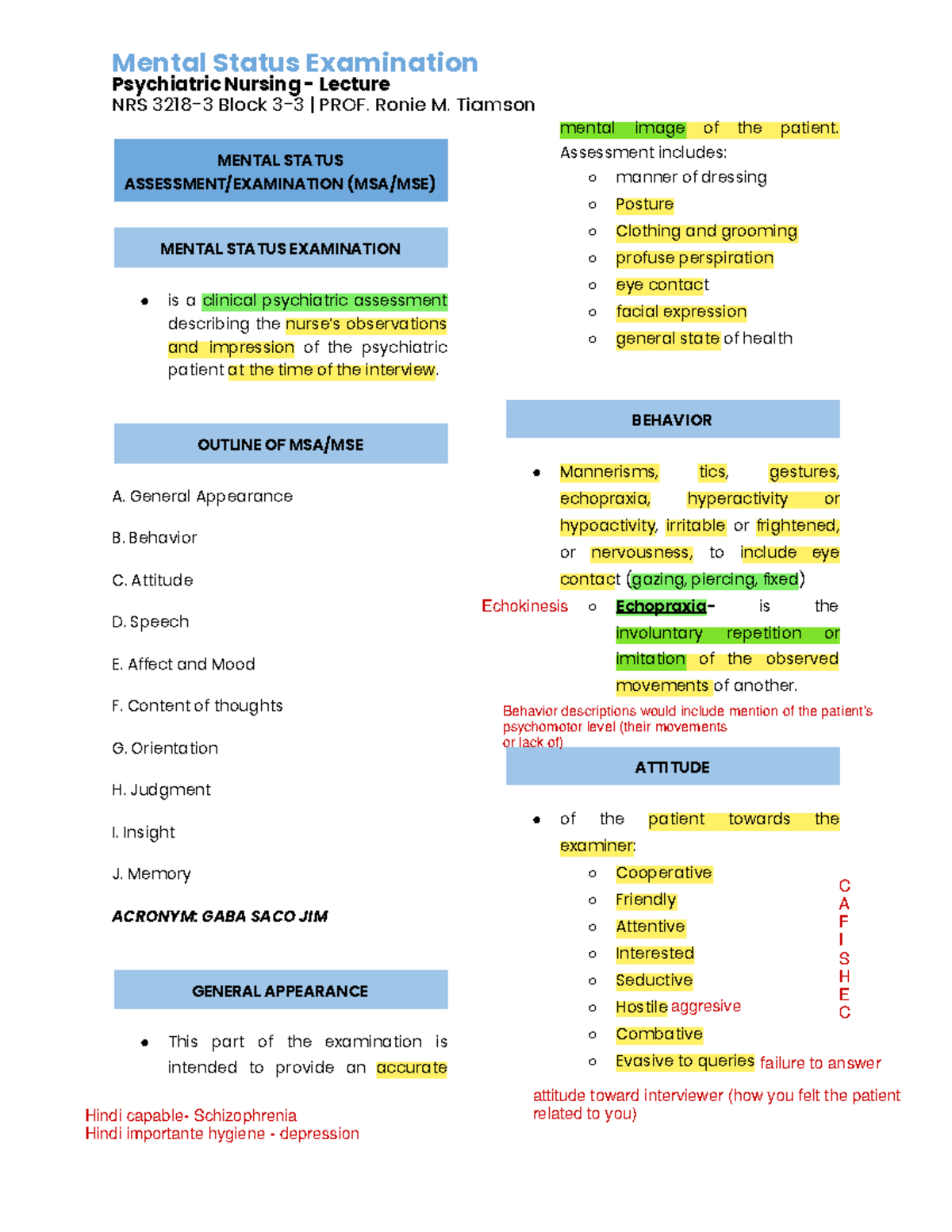 MSE-1 - Mse - Psychiatric Nursing - Lecture NRS 3218-3 Block 3-3 | PROF ...
